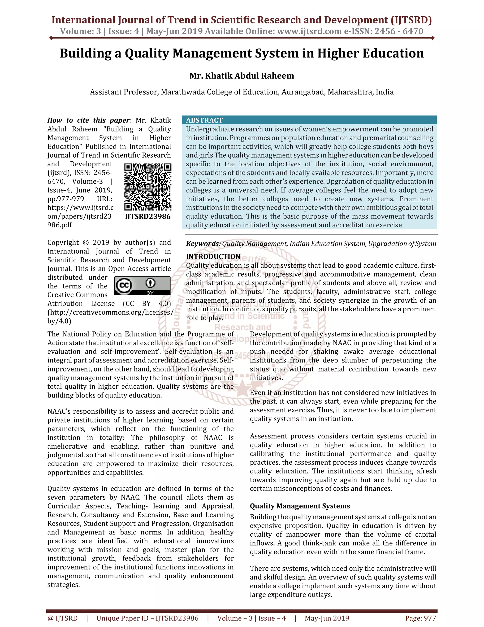 Building a Quality Management System in Higher Education | PDF