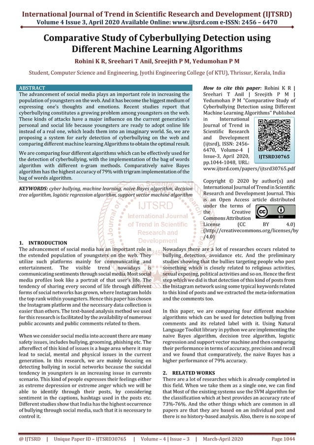 Comparative Study of Cyberbullying Detection using Different Machine Learning Algorithms | PDF