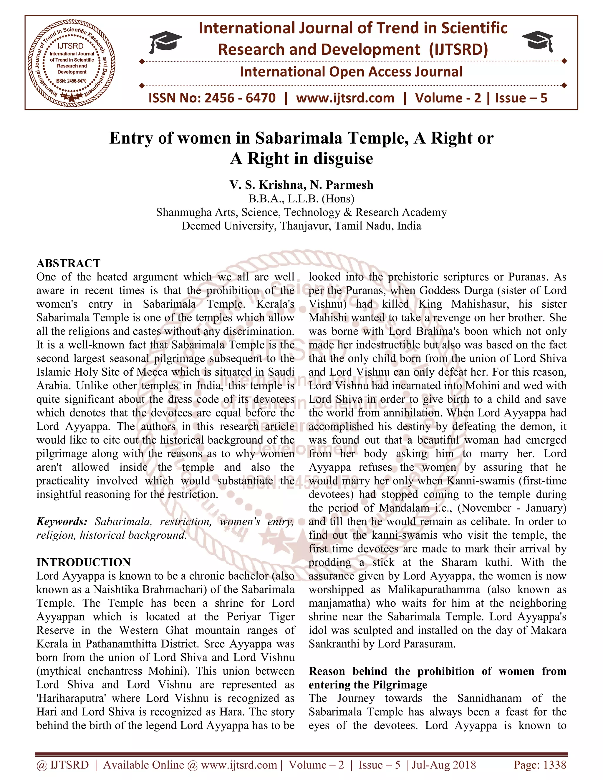 Entry of women in Sabarimala Temple, A Right or A Right in disguise | PDF