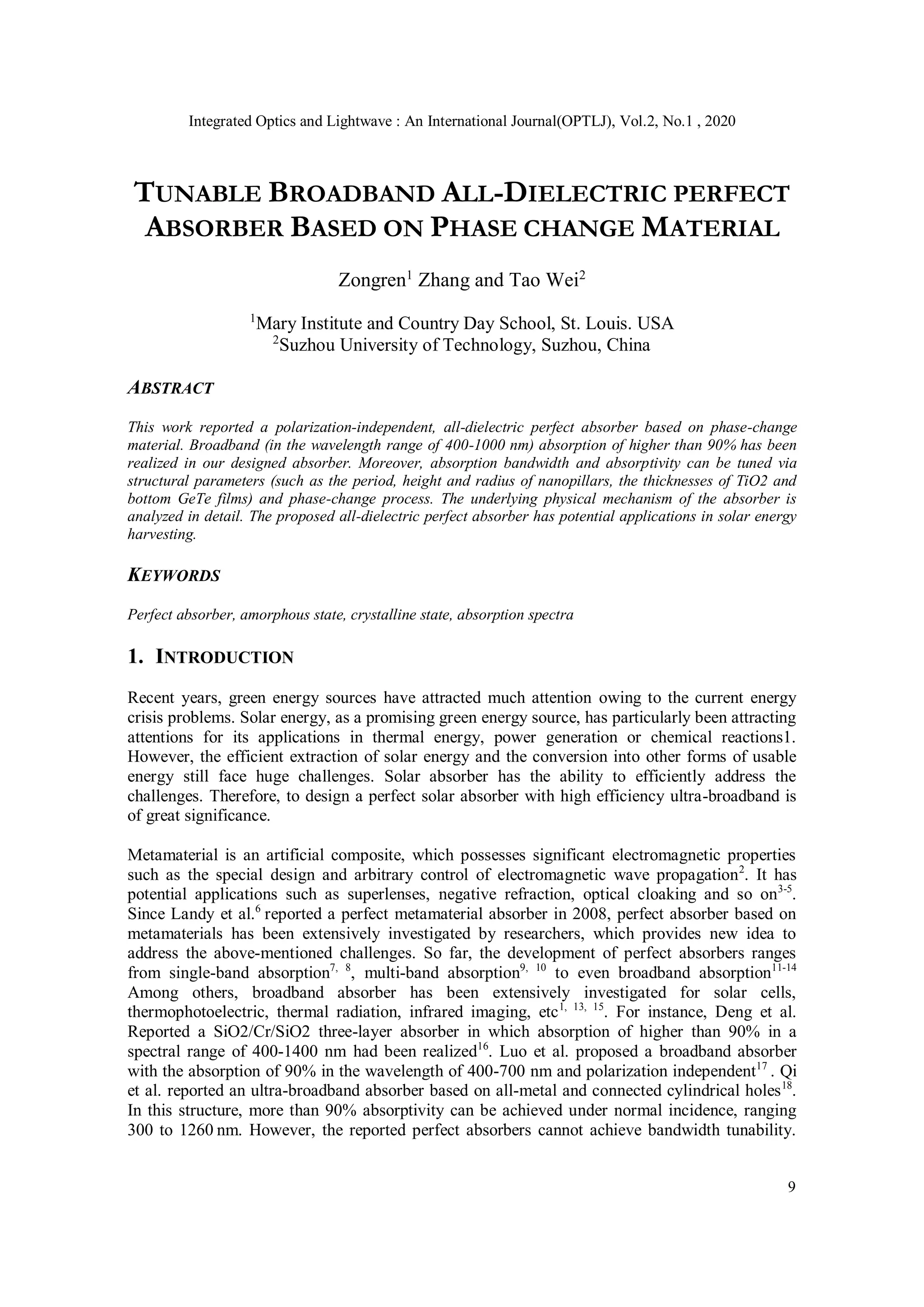 TUNABLE BROADBAND ALL-DIELECTRIC PERFECT ABSORBER BASED ON PHASE CHANGE ...