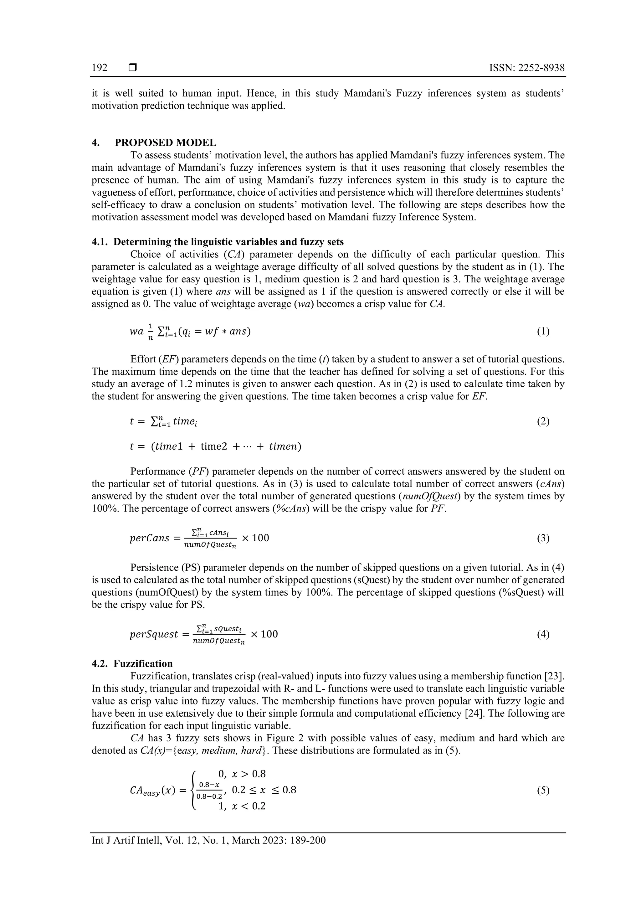 Motivation assessment model for intelligent tutoring system based on Mamdani inference system | PDF