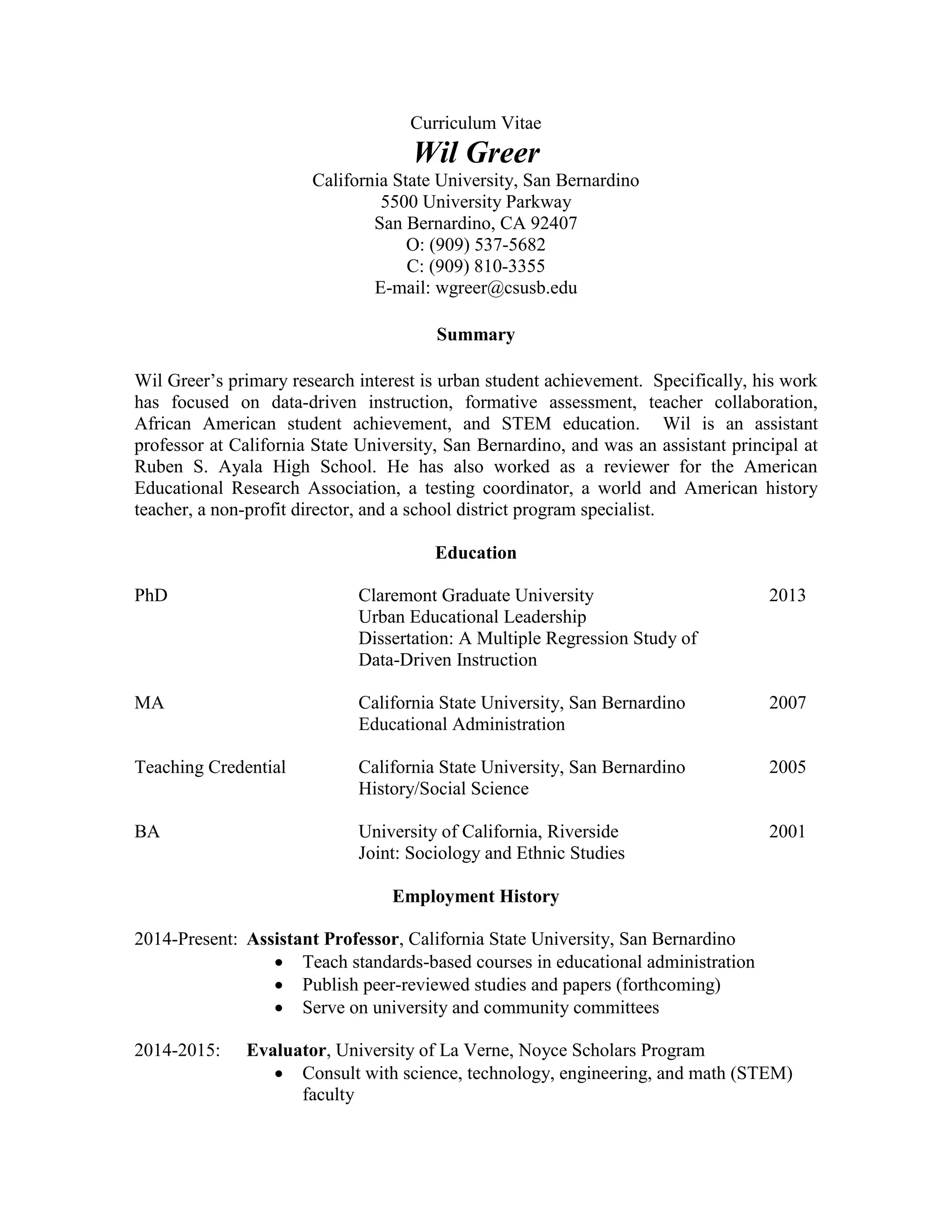 Wil Greer's CV | PDF