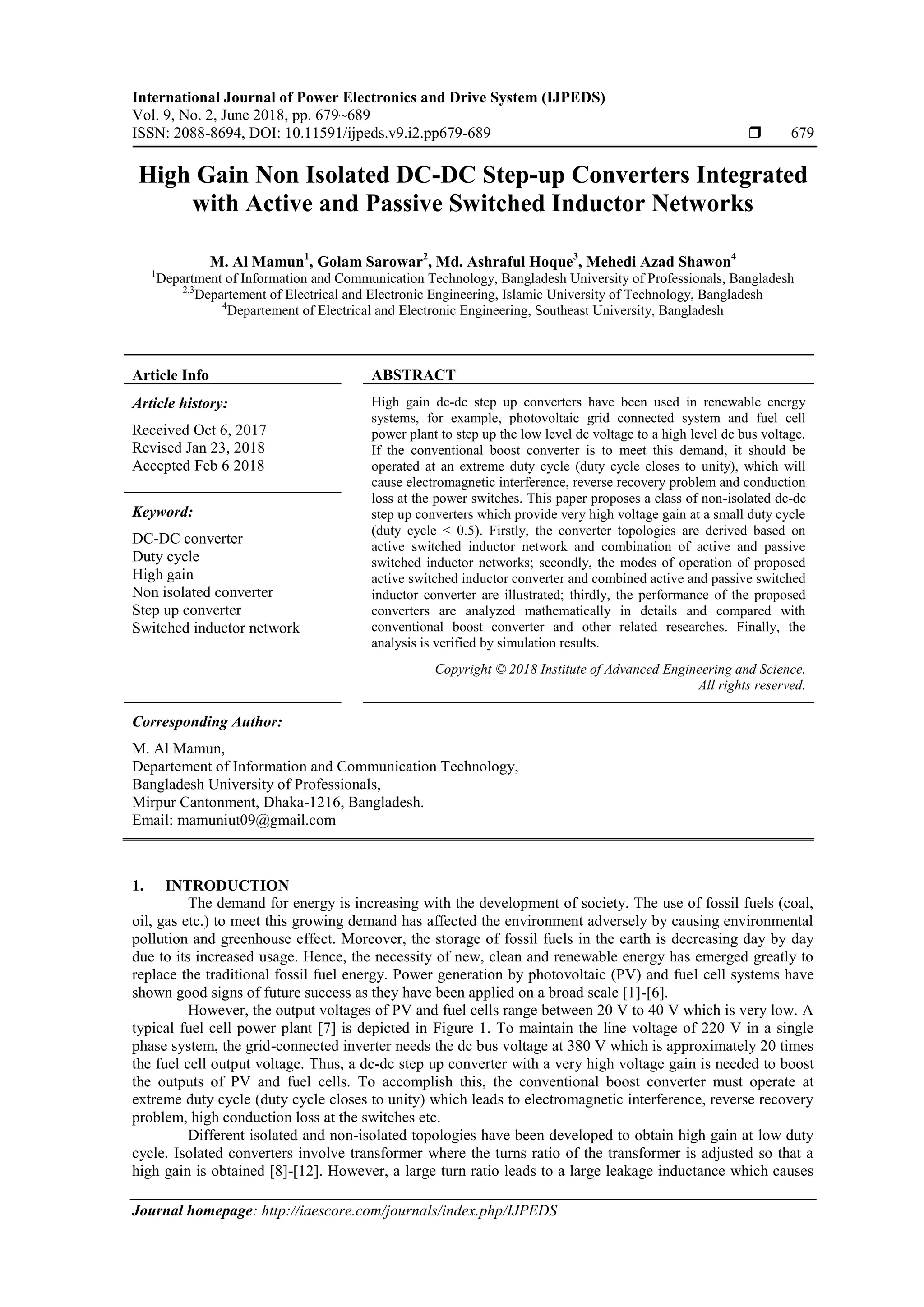 High Gain Non Isolated DC-DC Step-up Converters Integrated with Active and Passive Switched ...
