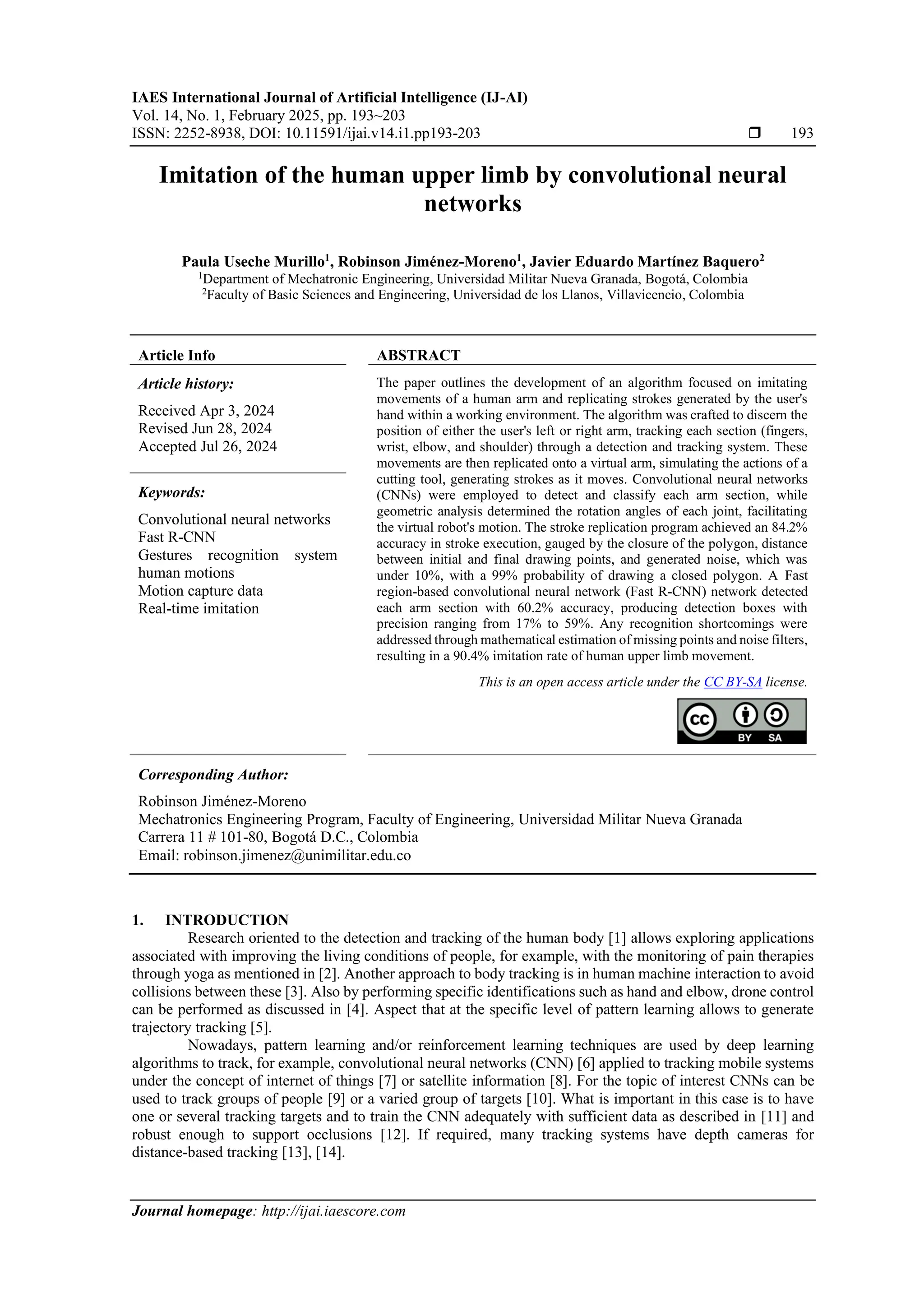 Imitation of the human upper limb by convolutional neural networks | PDF