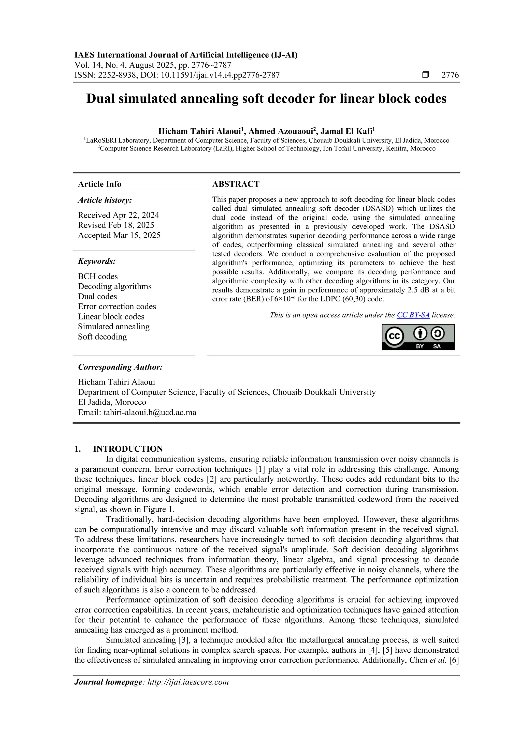 Dual simulated annealing soft decoder for linear block codes | PDF