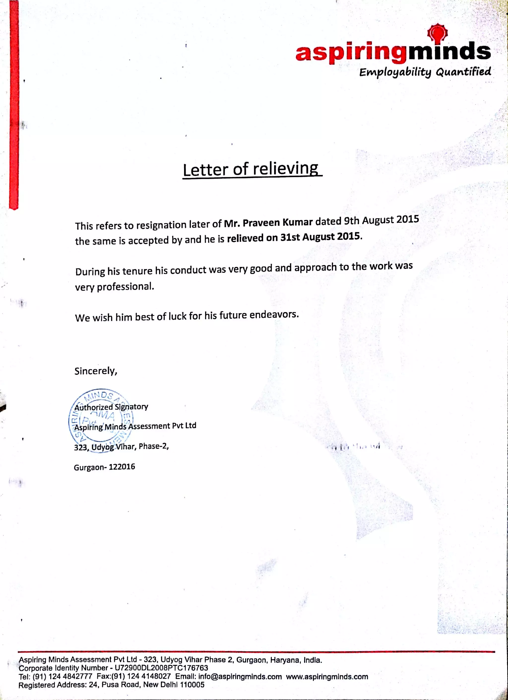 Letter of relieving | PDF