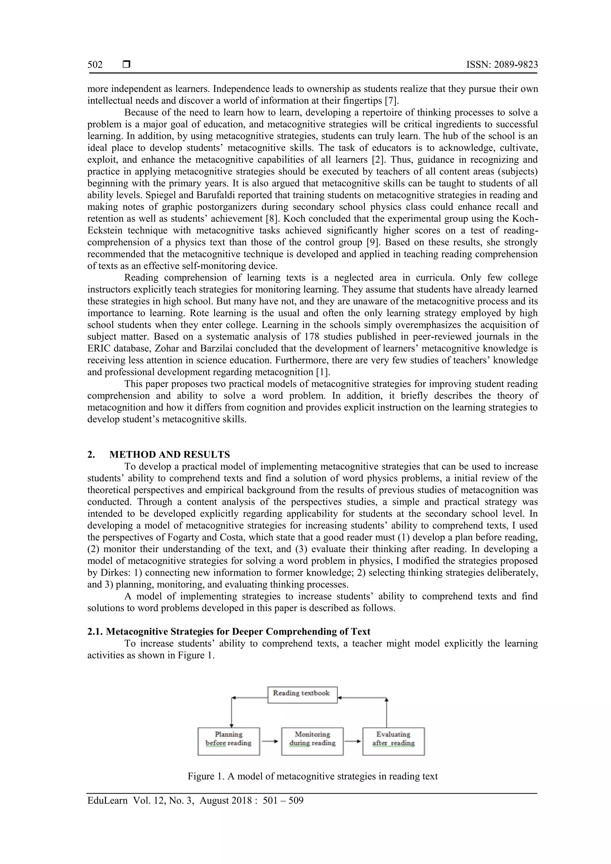 Preparing A Strategic Learner by Using Metacognitive Strategies: from Theory into Practice | PDF