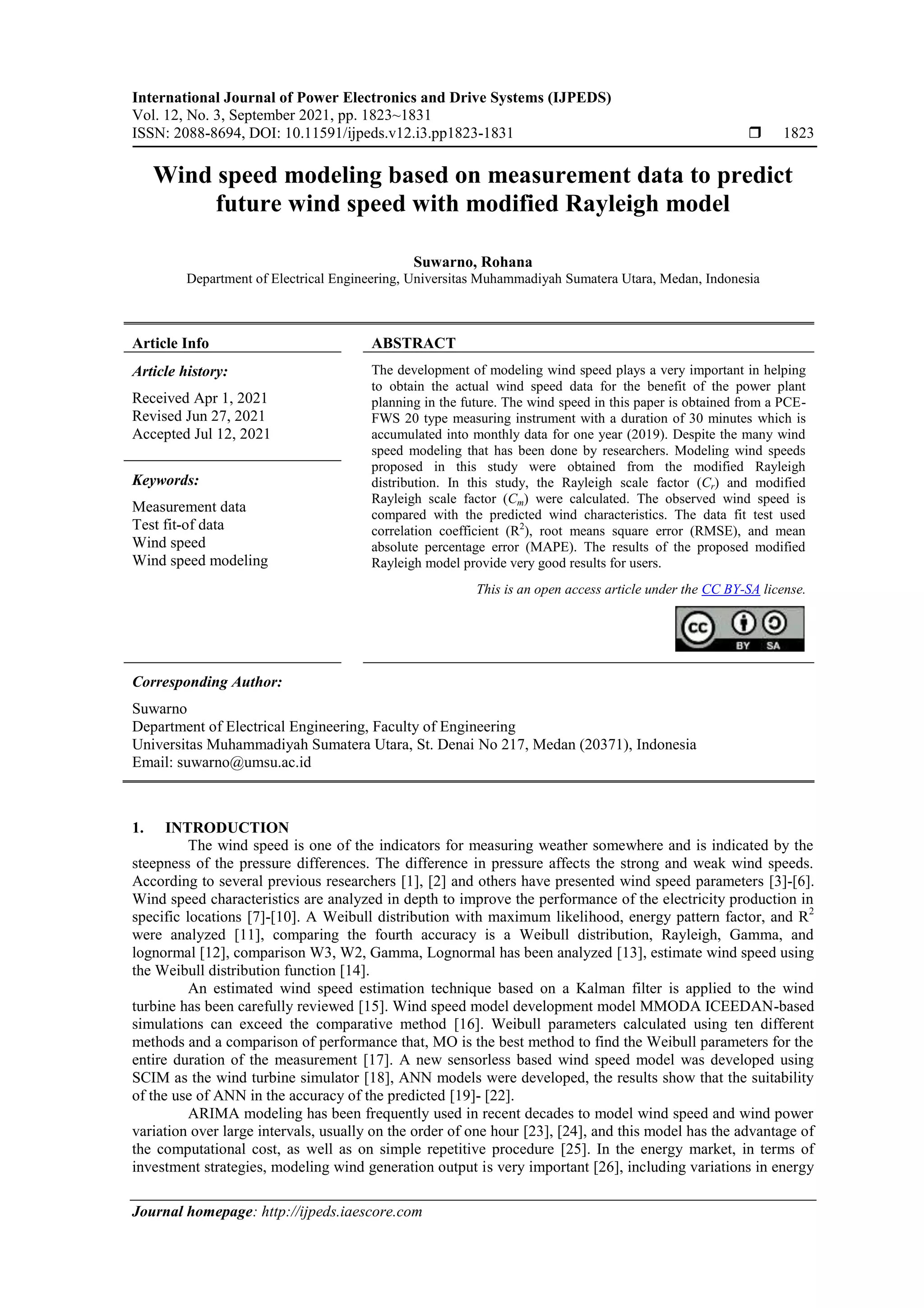 Wind Speed Modeling Based On Measurement Data To Predict Future Wind Speed With Modified