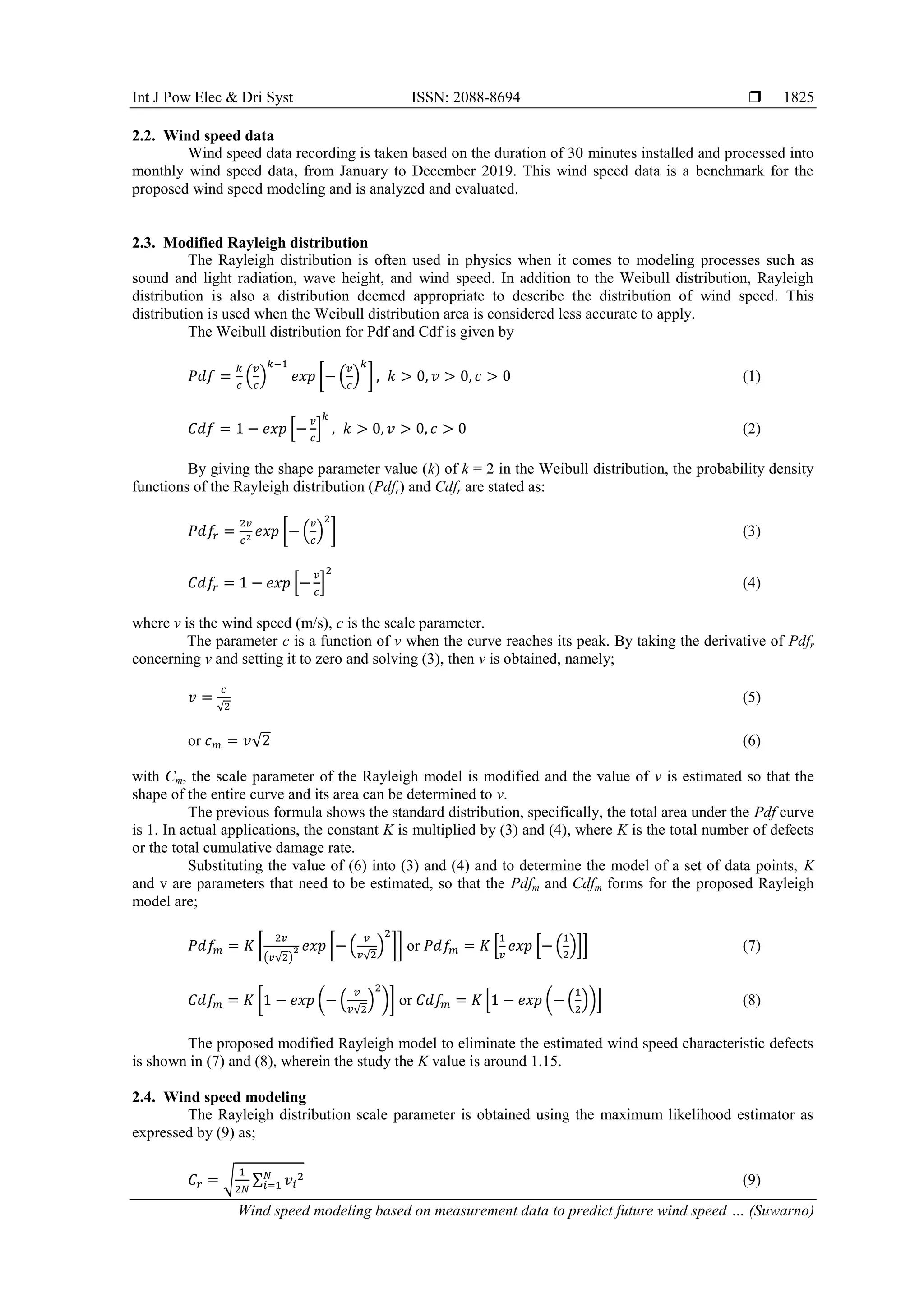 Wind Speed Modeling Based On Measurement Data To Predict Future Wind Speed With Modified
