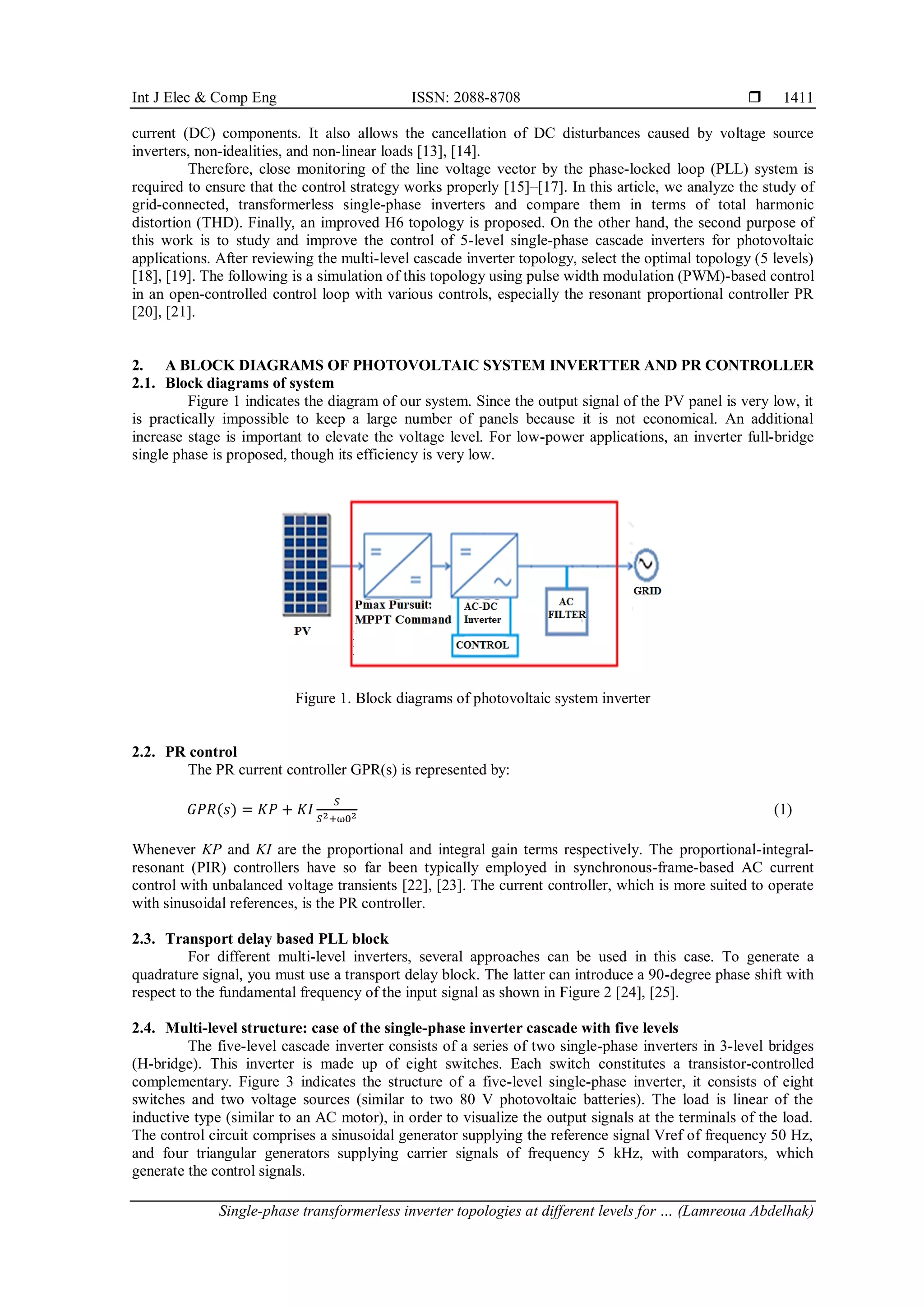 Single-phase transformerless inverter topologies at different levels for a photovoltaic system ...