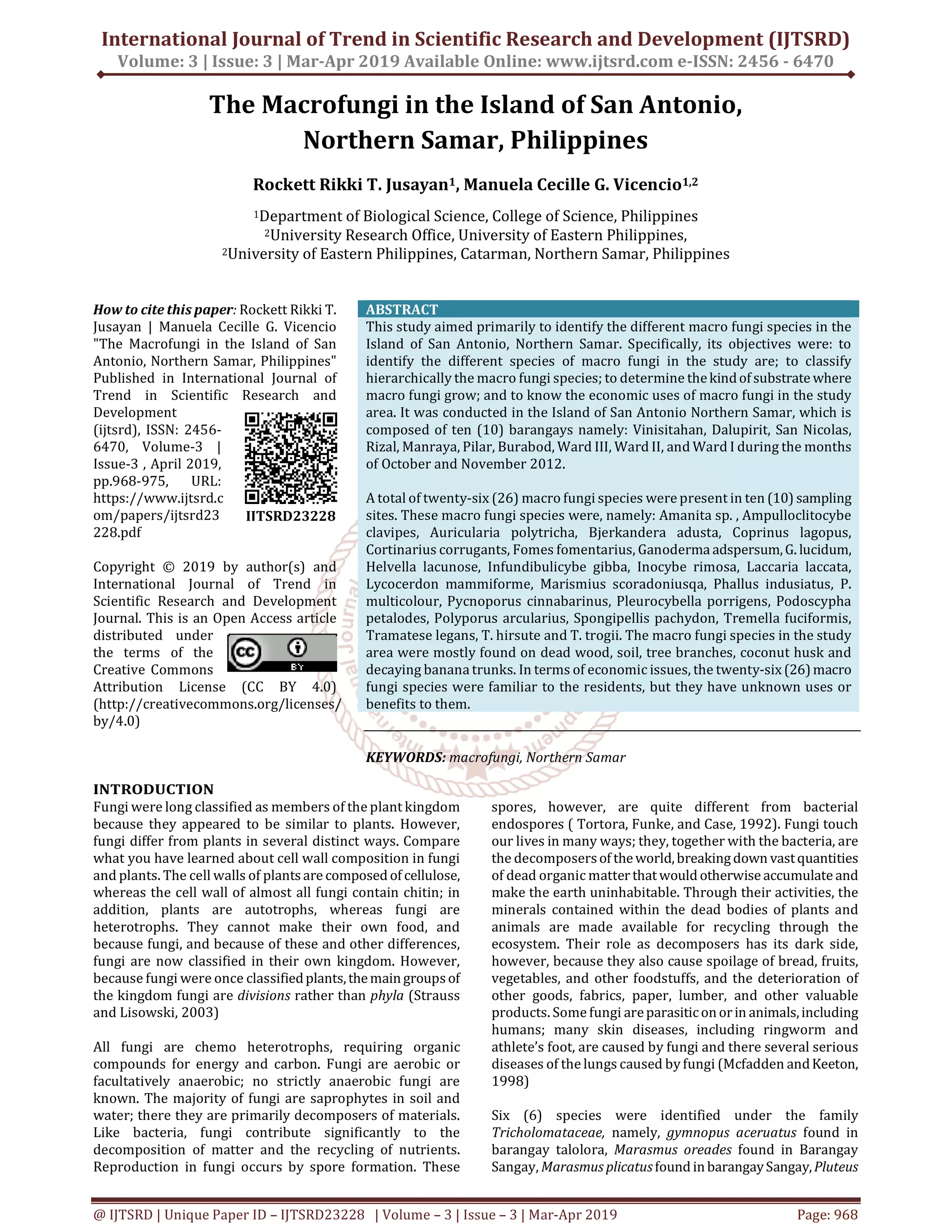 The Macrofungi in the Island of San Antonio, Northern Samar ...