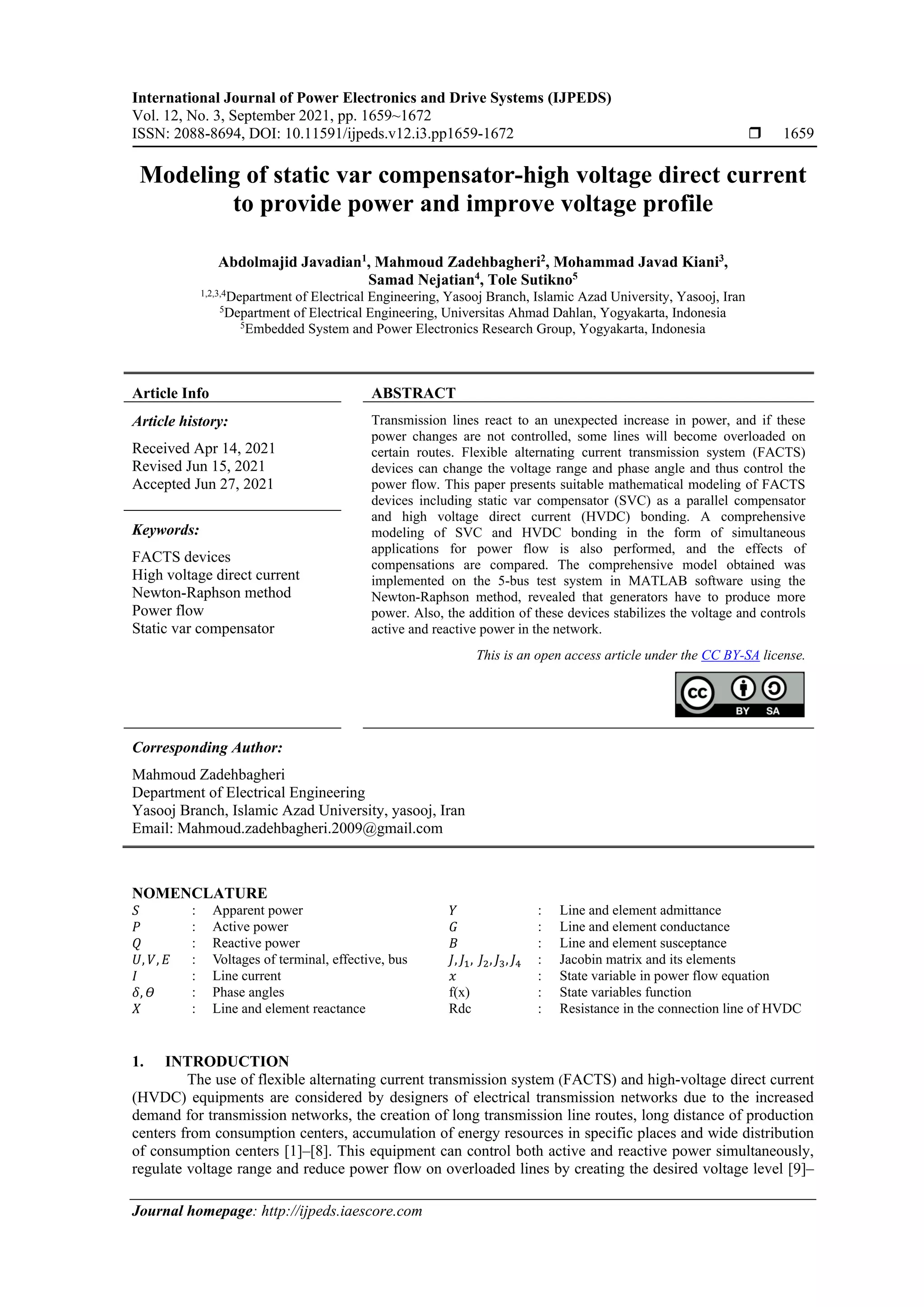 Modeling of static var compensator-high voltage direct current to provide power and improve ...