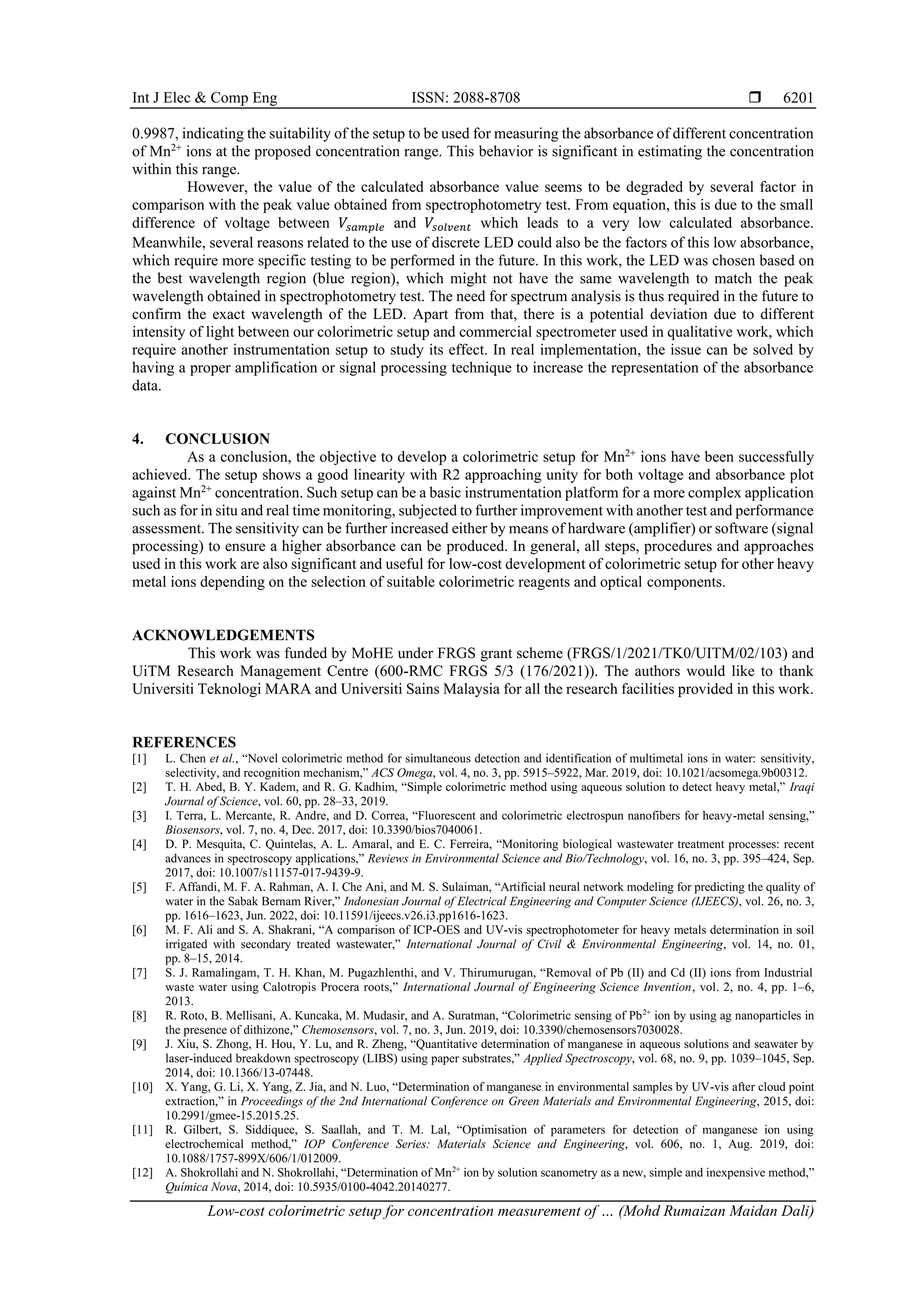 Low Cost Colorimetric Setup For Concentration Measurement Of Manganese Ions Based On Optical