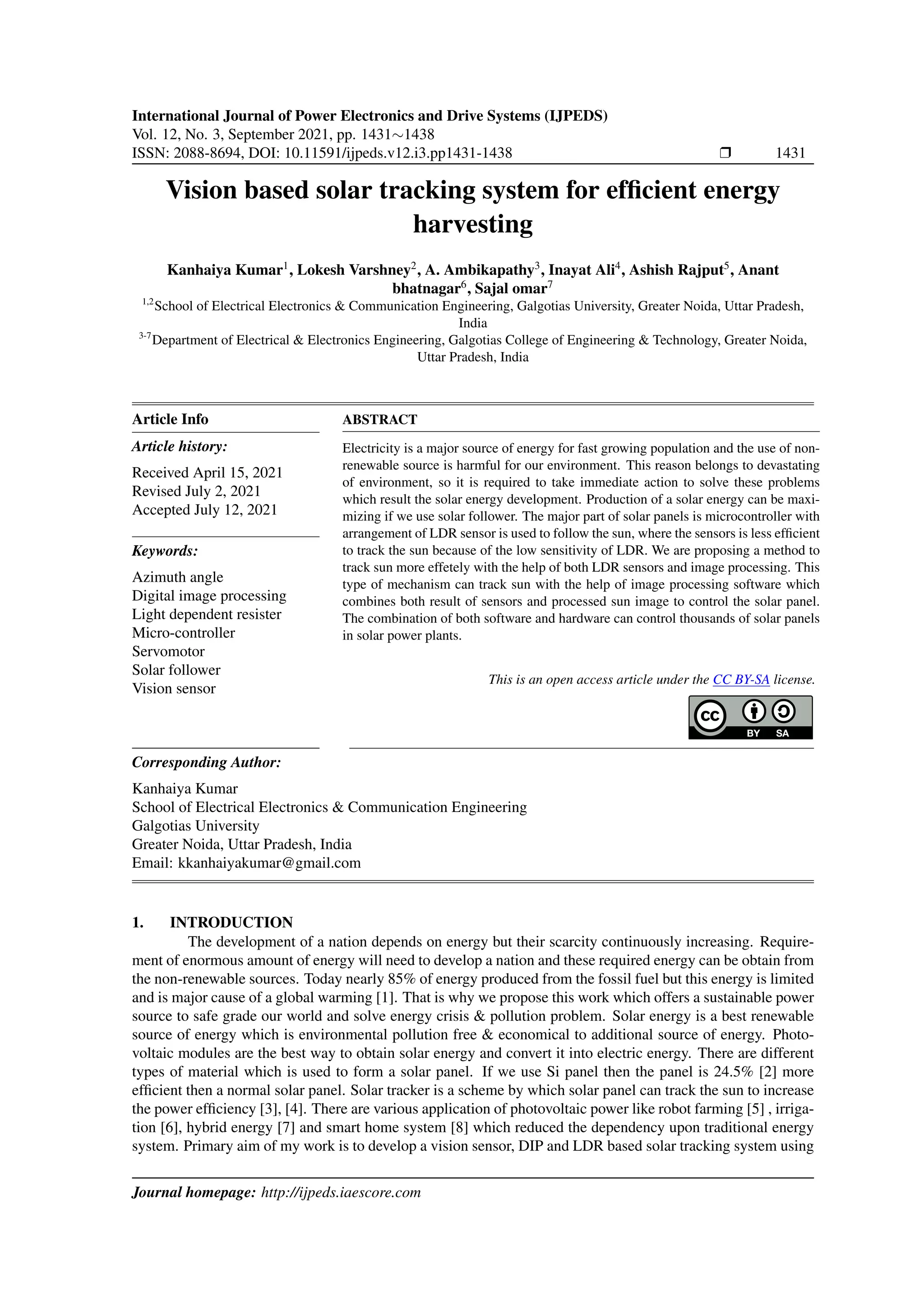 Vision based solar tracking system for efficient energy harvesting | PDF | Science