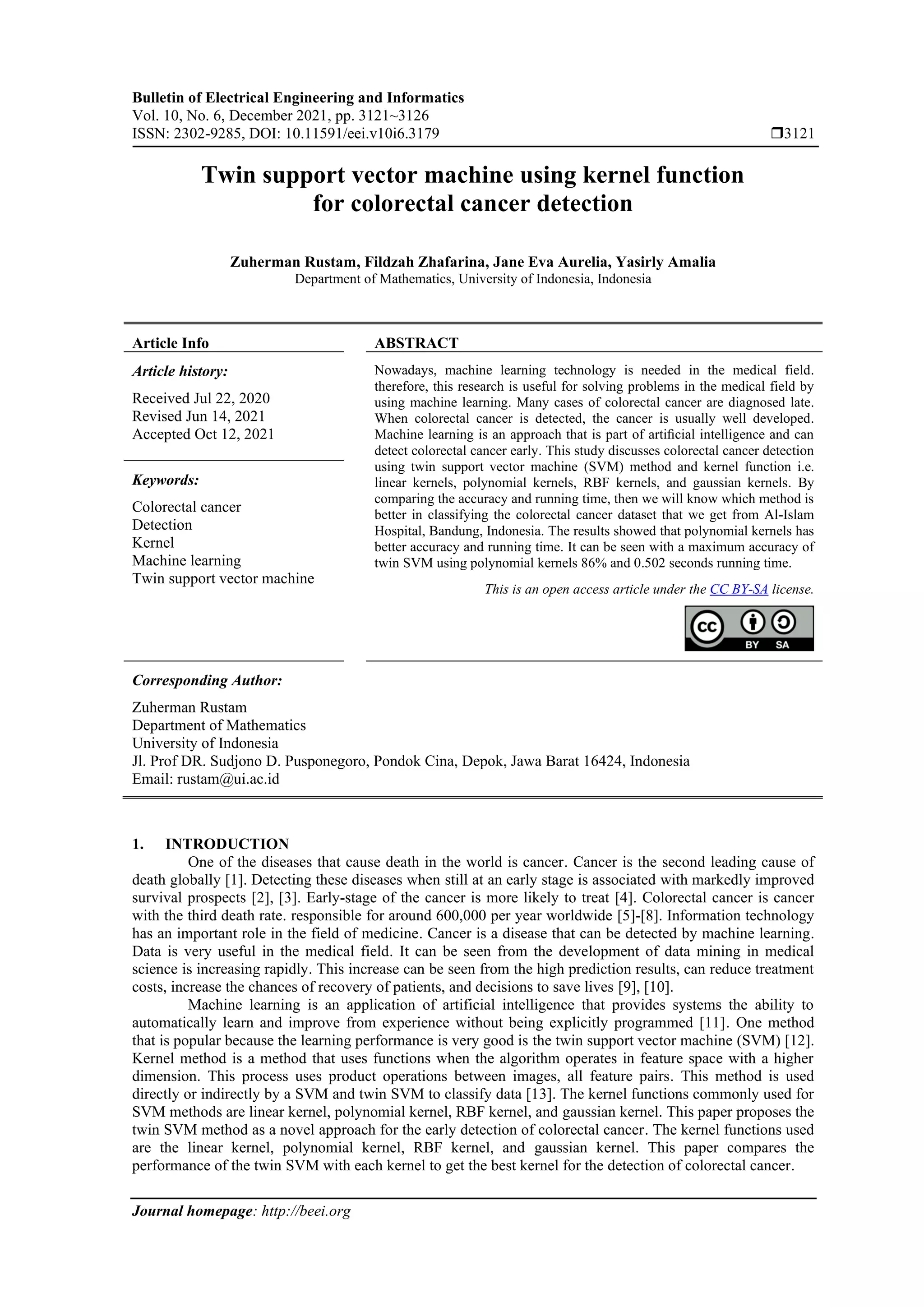 Twin support vector machine using kernel function for colorectal cancer detection | PDF