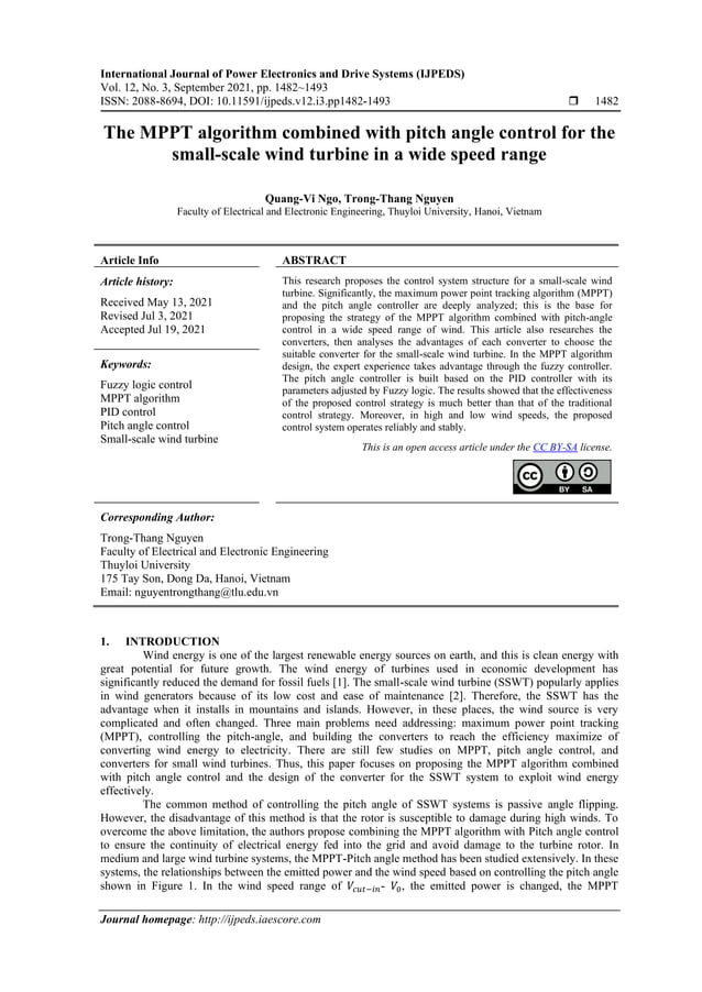 The MPPT algorithm combined with pitch angle control for the small-scale wind turbine in a wide ...