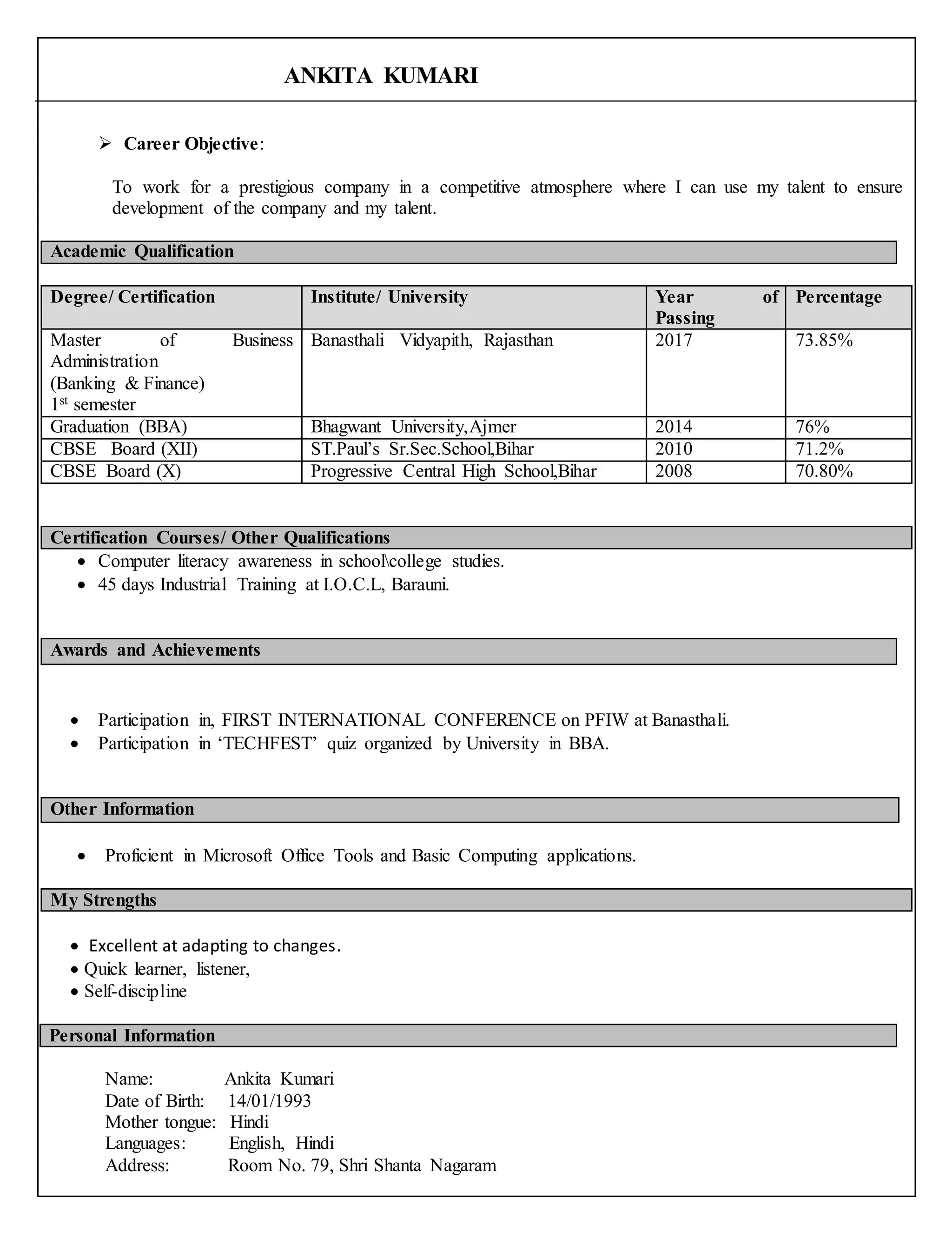 Copy of cv of ankita kumari banasthali format | DOCX