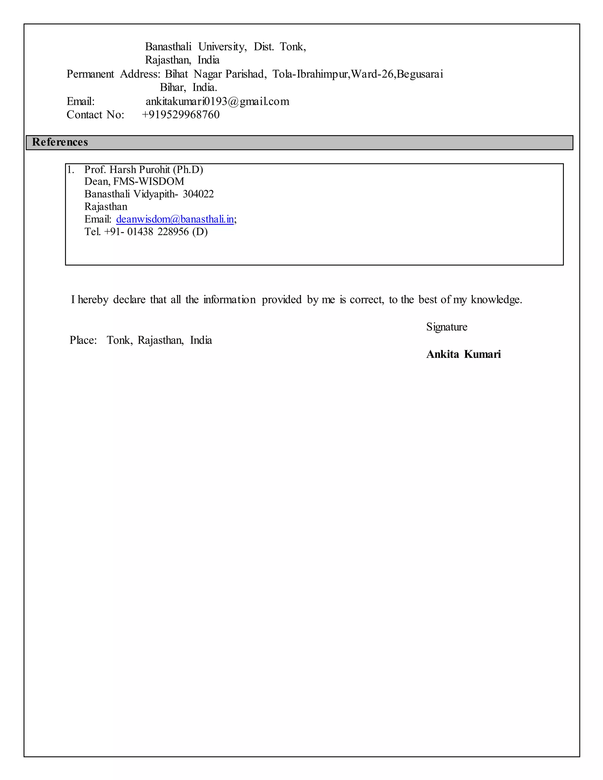 Copy of cv of ankita kumari banasthali format | DOCX