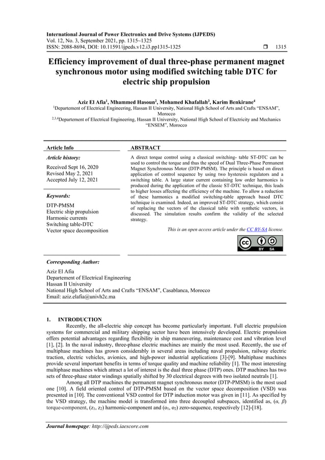 Efficiency improvement of dual three-phase permanent magnet synchronous motor using modified ...