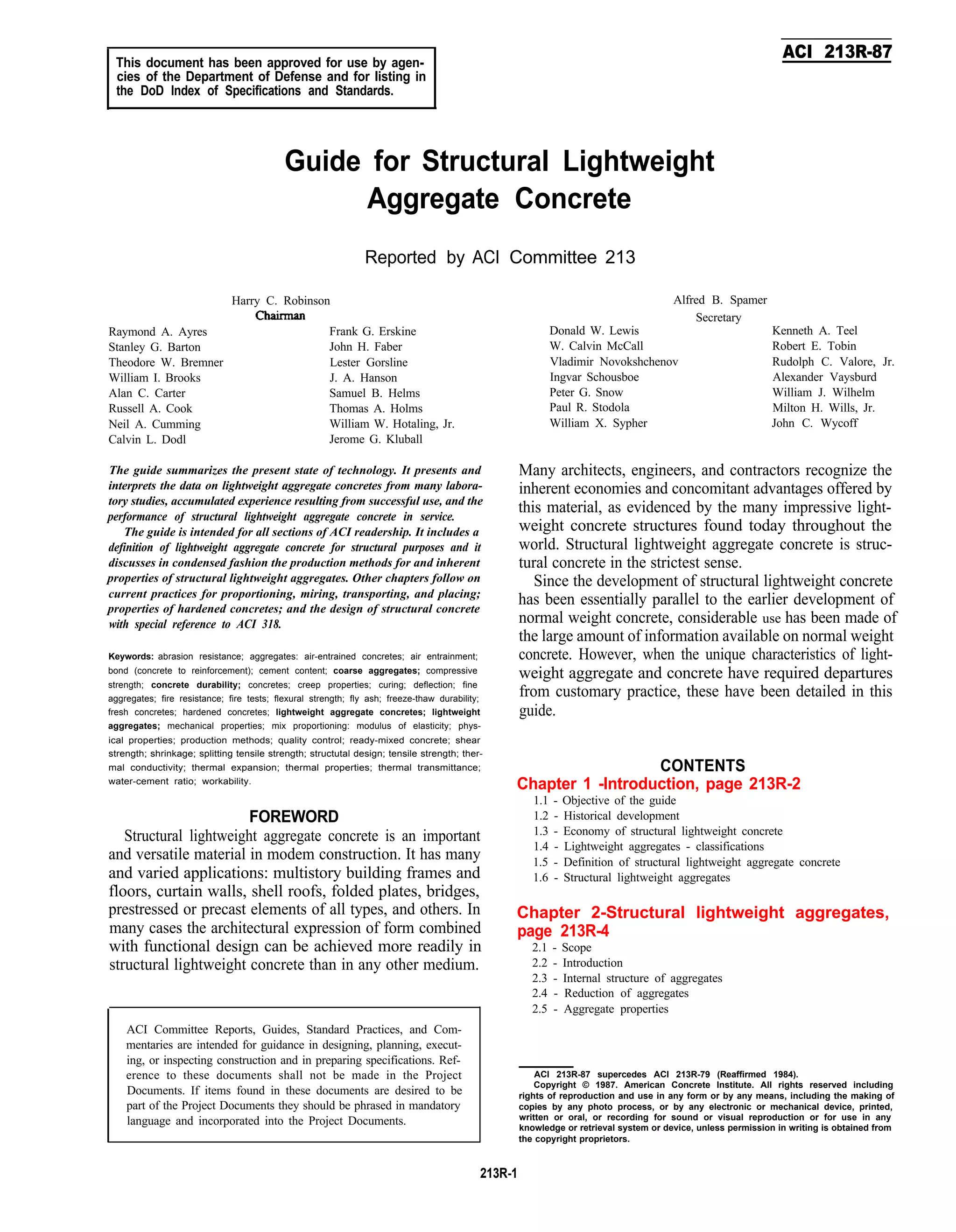 213 r 87 - guide for structural lightweight aggregate concret | PDF