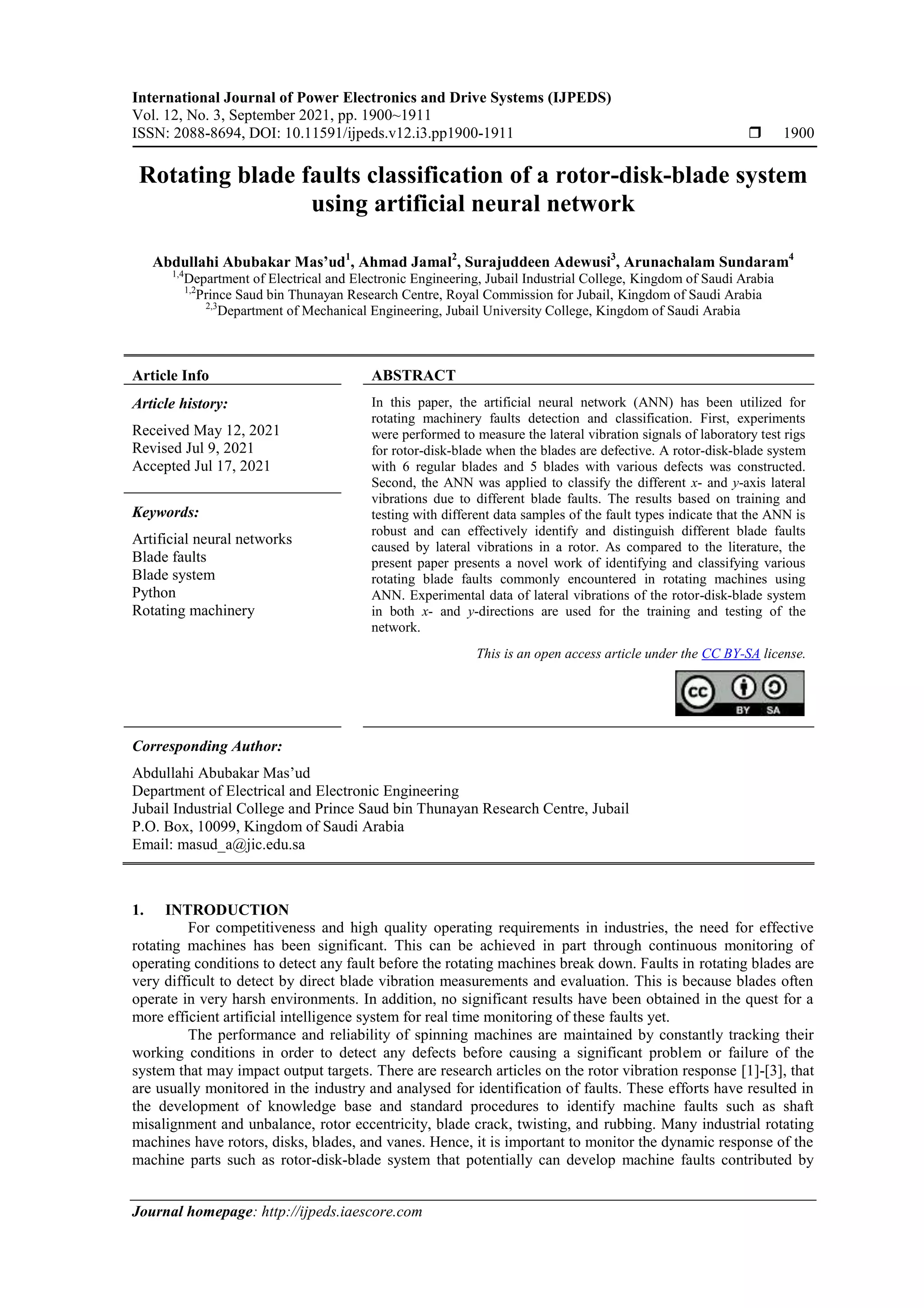Rotating Blade Faults Classification Of A Rotor Disk Blade System Using Artificial Neural