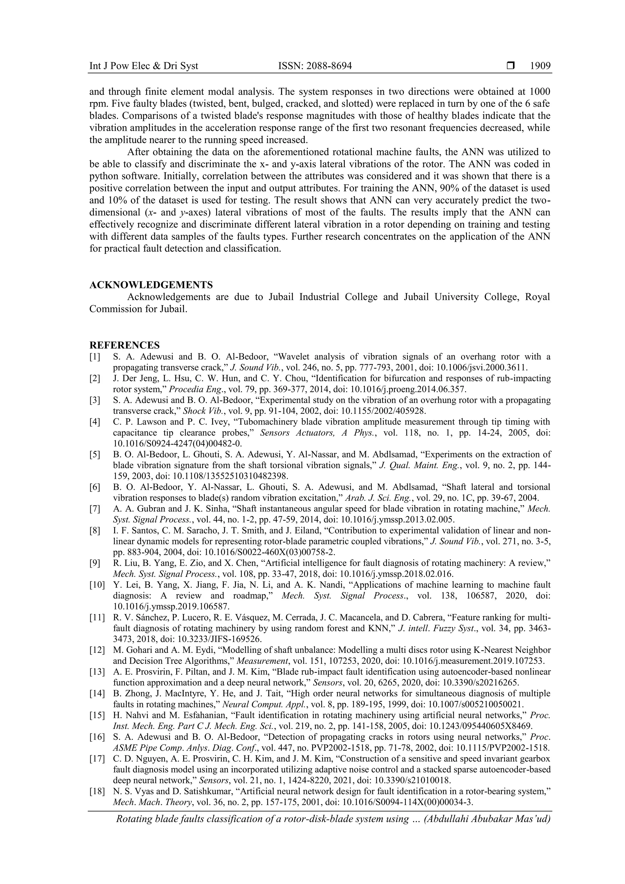Rotating Blade Faults Classification Of A Rotor Disk Blade System Using Artificial Neural