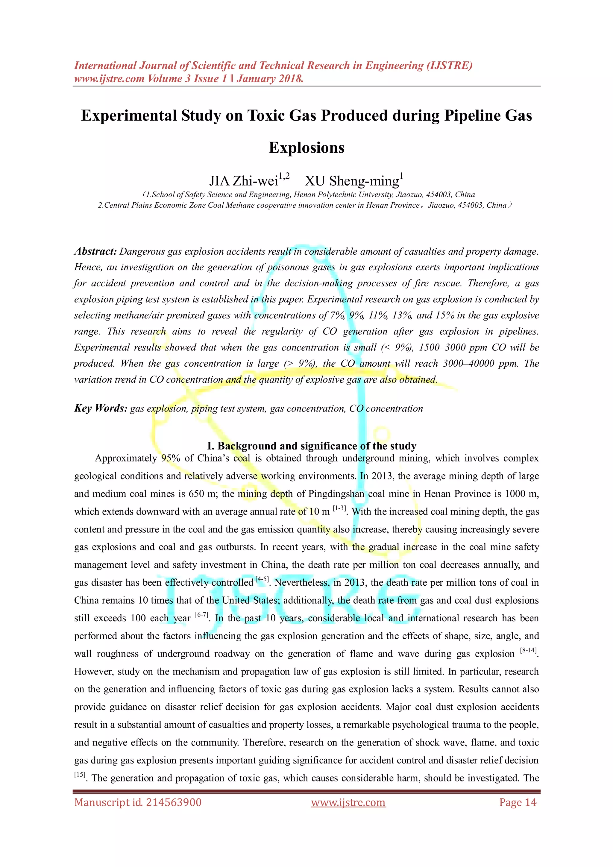 Experimental Study on Toxic Gas Produced during Pipeline Gas Explosions ...