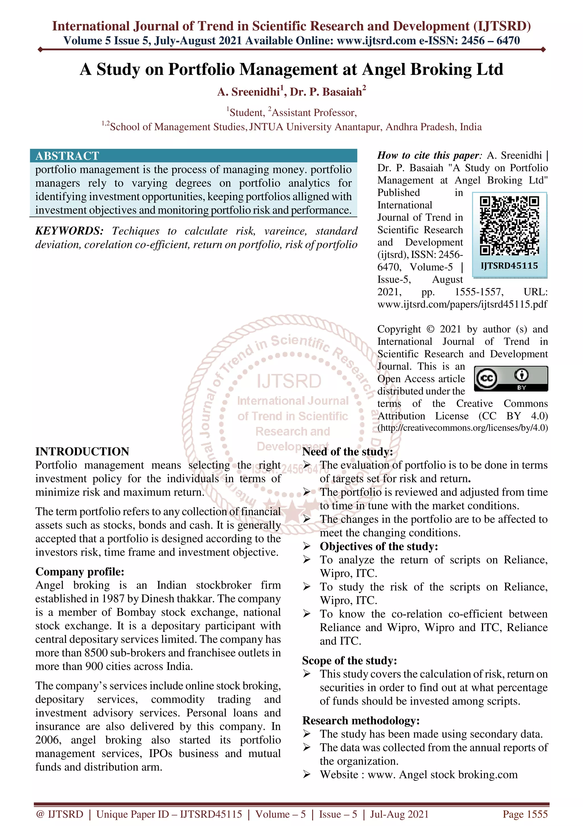A Study on Portfolio Management at Angel Broking Ltd | PDF