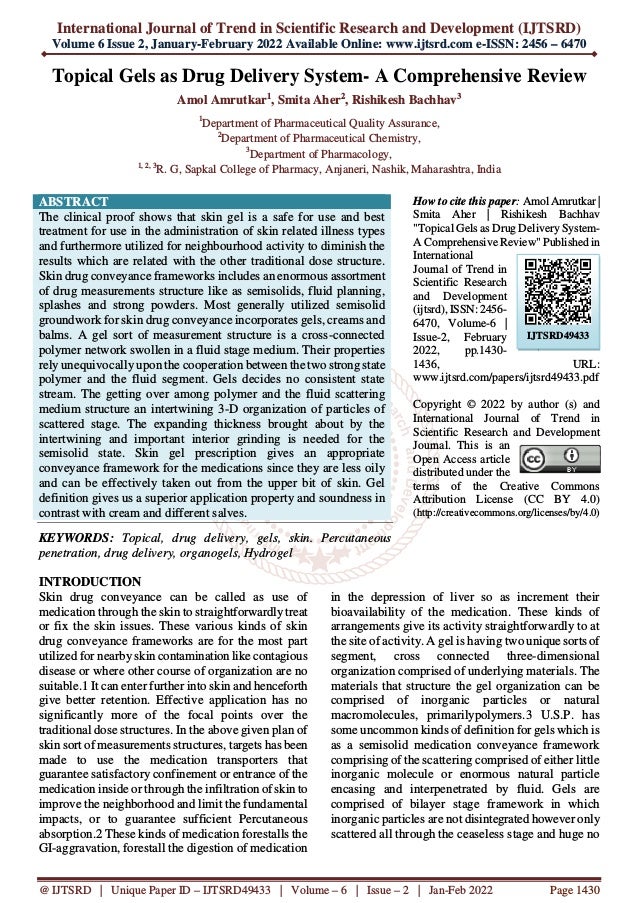 Topical Gels as Drug Delivery System A Comprehensive Review | PDF