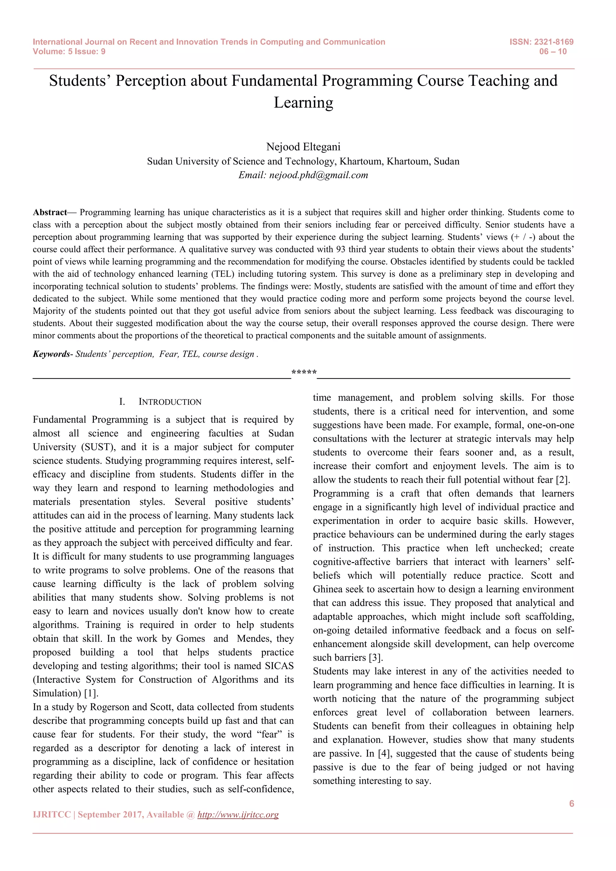 Students’ Perception about Fundamental Programming Course Teaching and ...