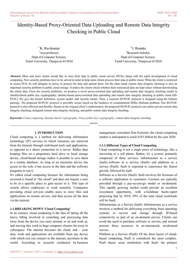 Identity-Based Proxy-Oriented Data Uploading and Remote Data Integrity Checking in Public Cloud ...