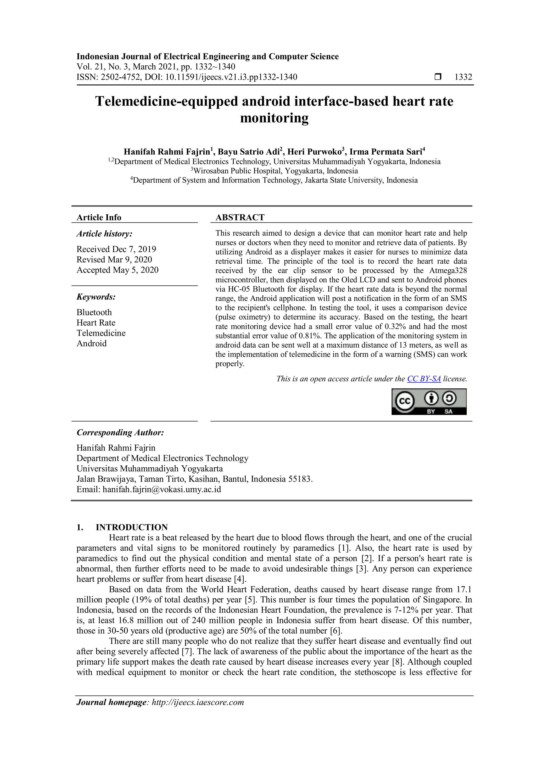 Telemedicine-equipped android interface-based heart rate monitoring | PDF