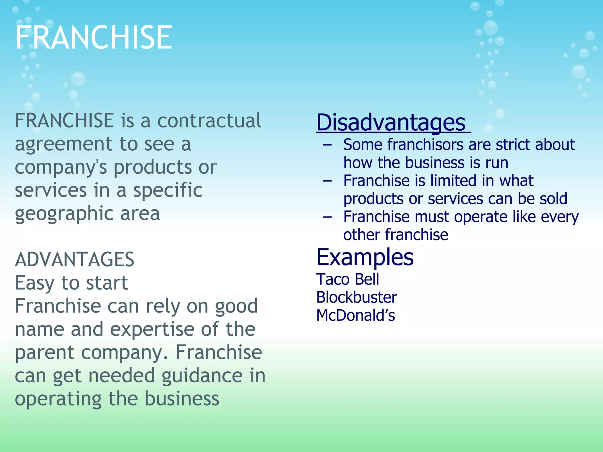 Sole proprietorship, partnership, corporation, and franchise1.02— | PPT