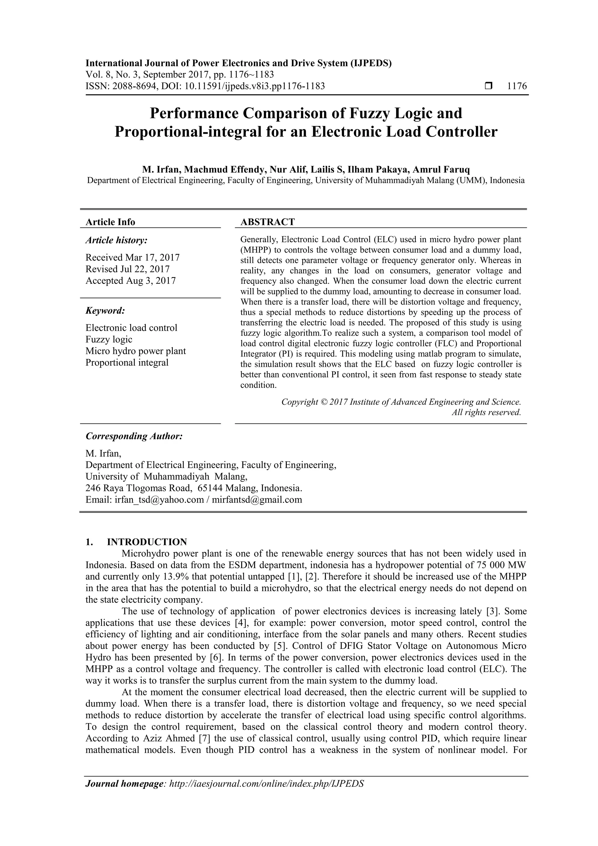 Performance Comparison of Fuzzy Logic and Proportional-integral for an Electronic Load ...