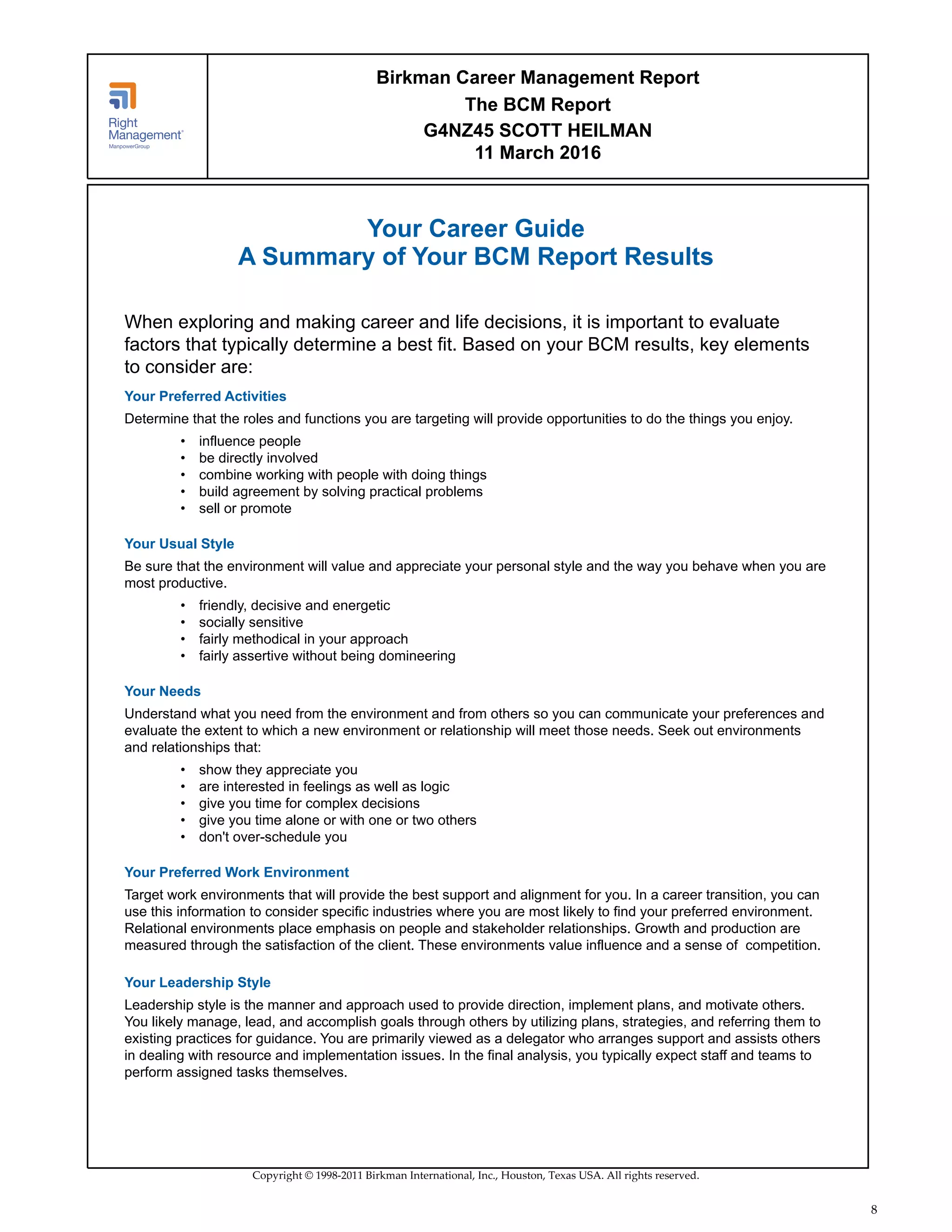 Birkman carreer Management Report (1) | PDF