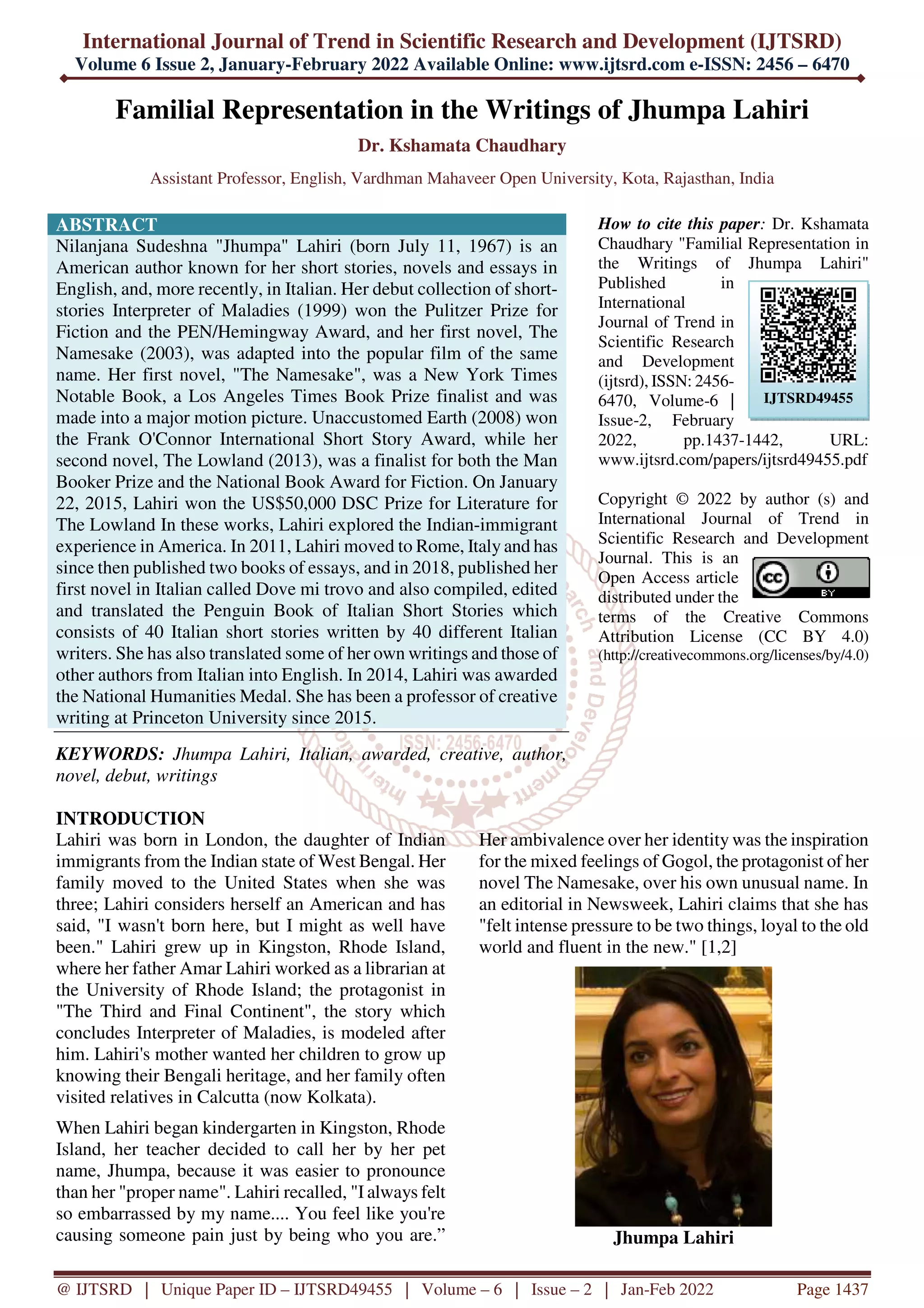 Familial Representation in the Writings of Jhumpa Lahiri | PDF