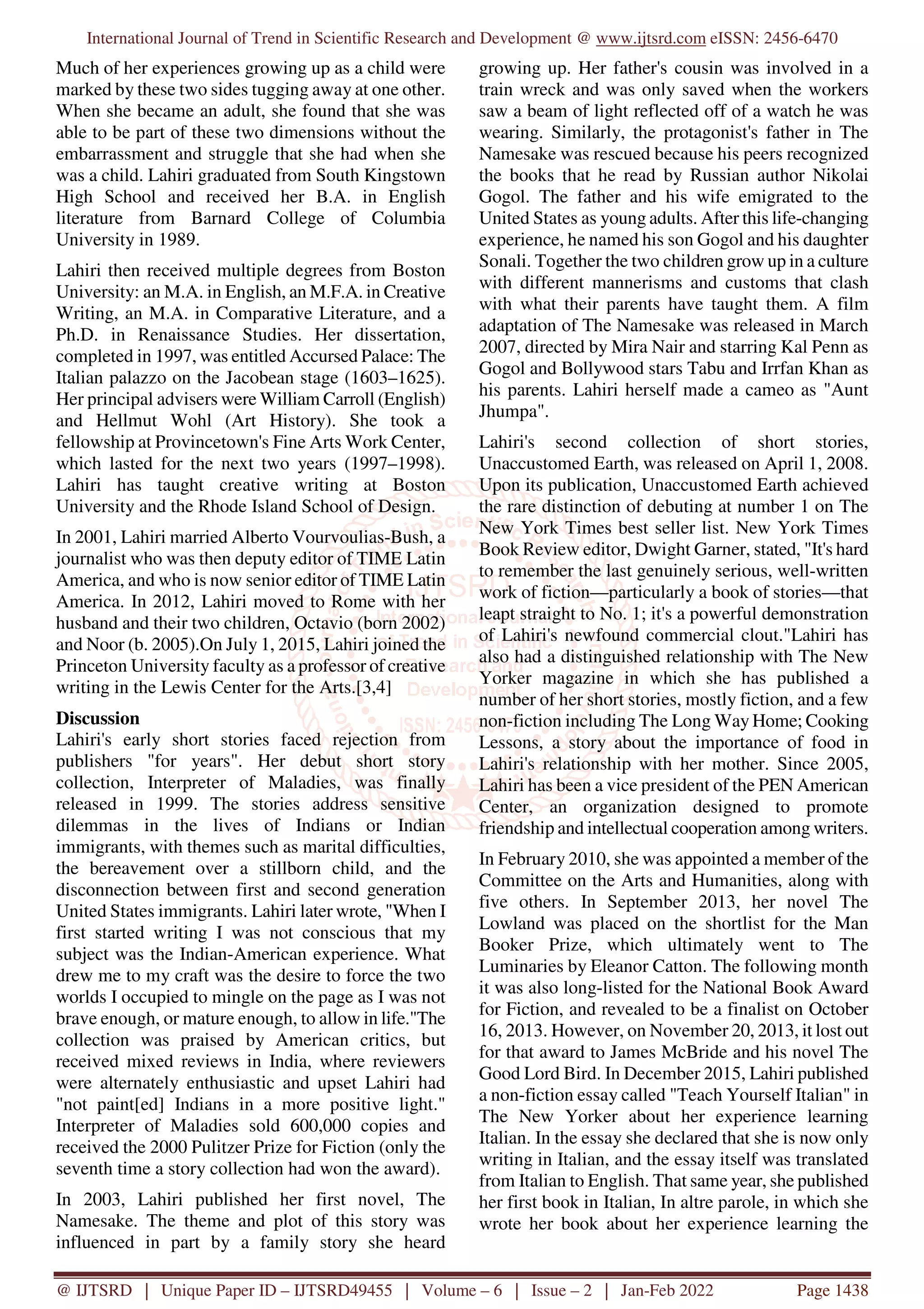 Familial Representation in the Writings of Jhumpa Lahiri | PDF