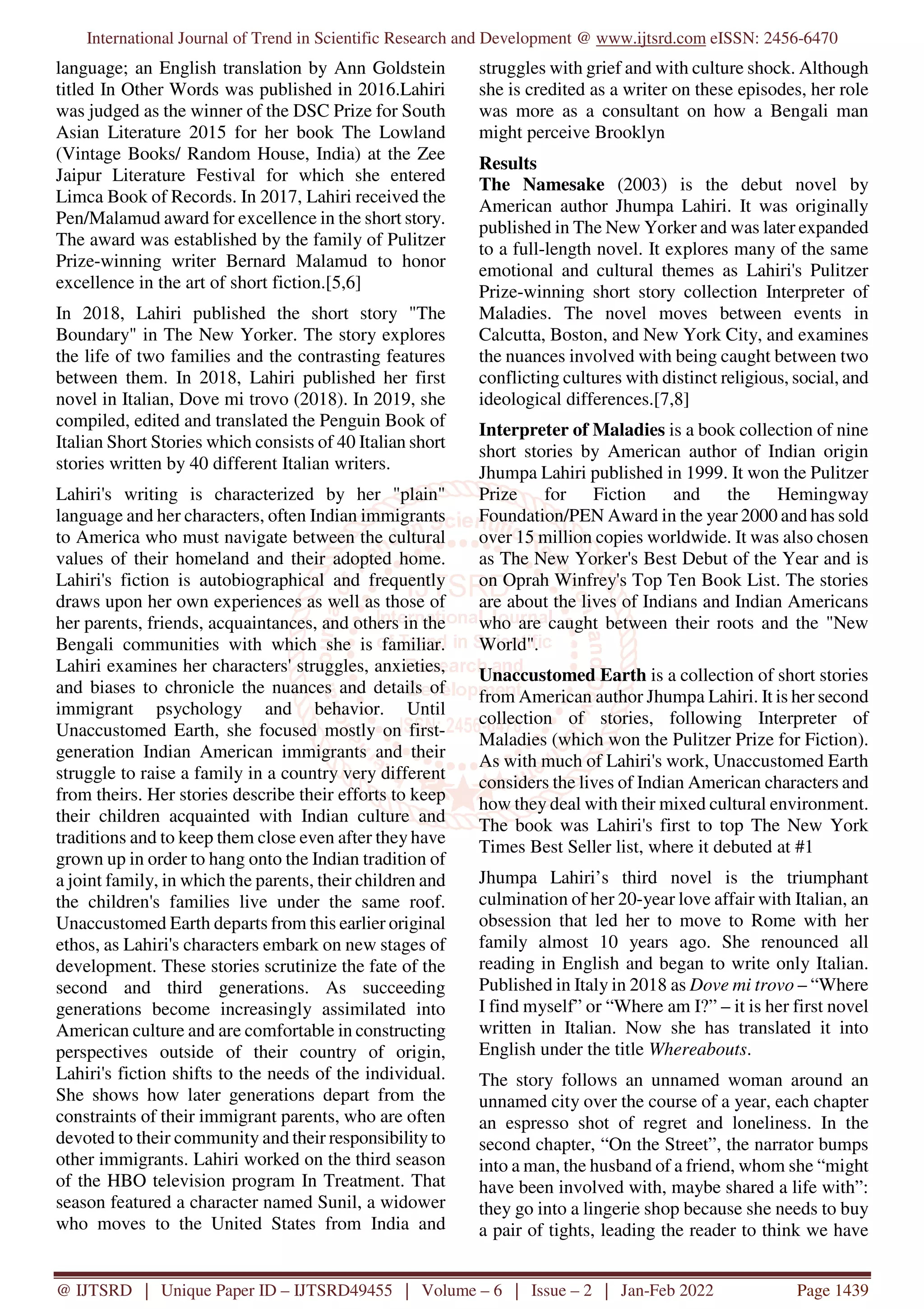 Familial Representation in the Writings of Jhumpa Lahiri | PDF