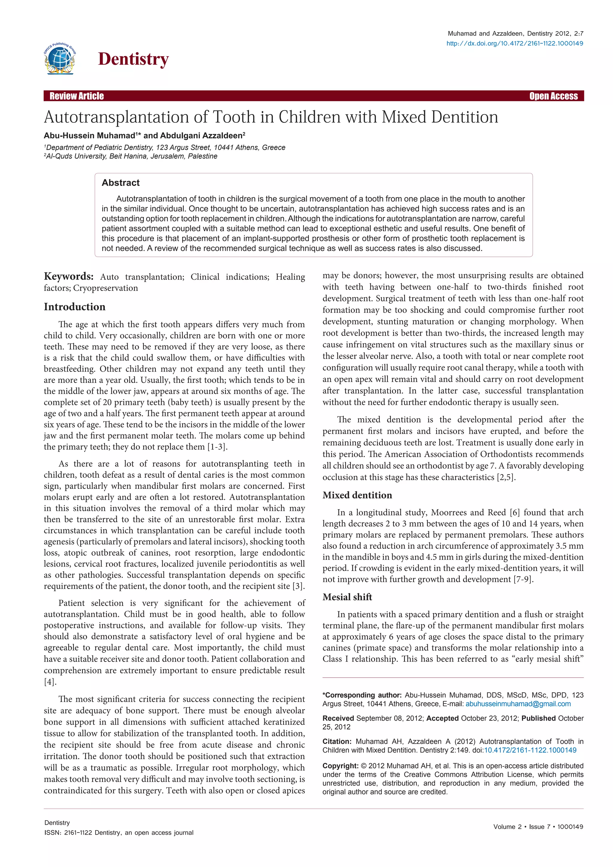 Autotransplantation of Tooth in Children with Mixed Dentition | PDF