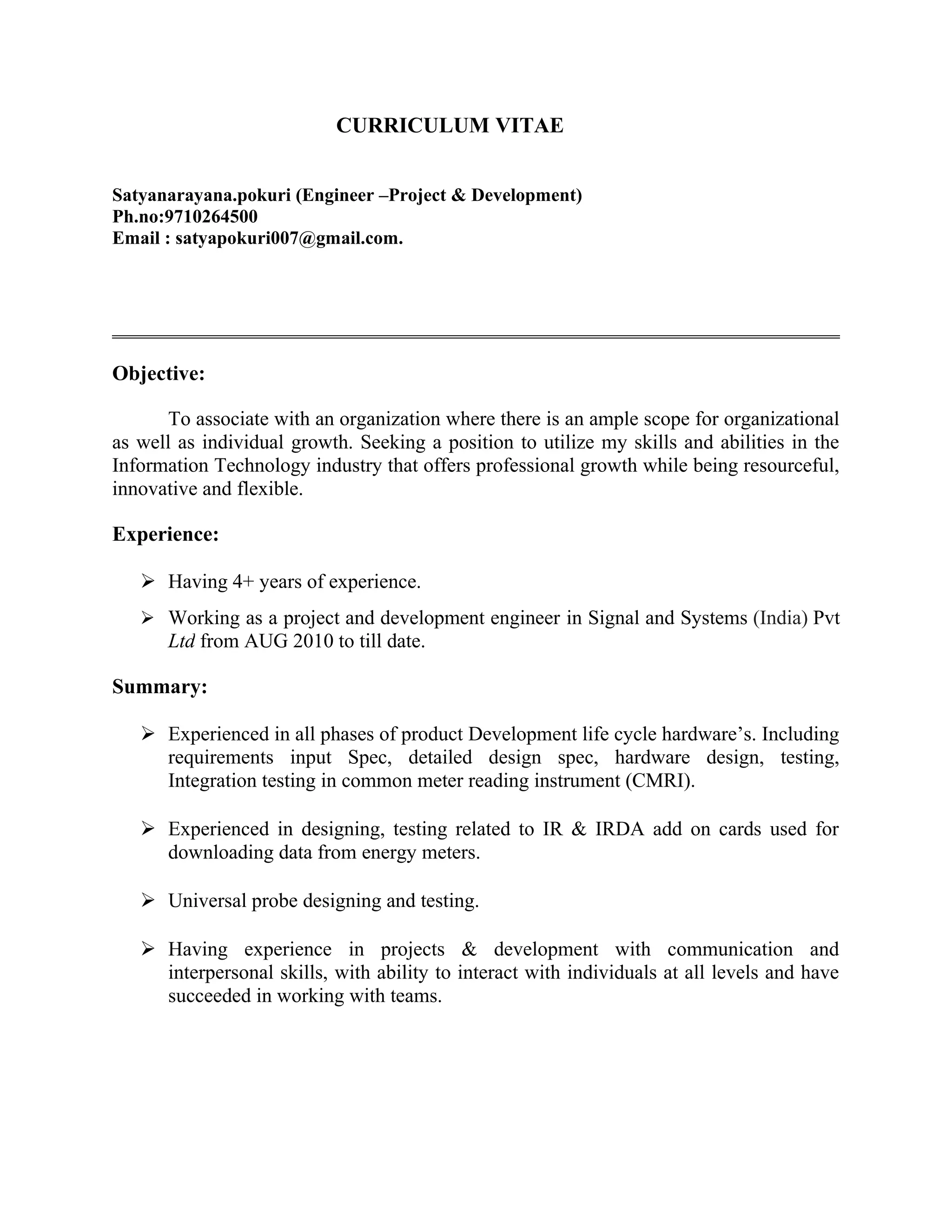 SATYA_RESUME | DOC | Computing | Technology & Computing