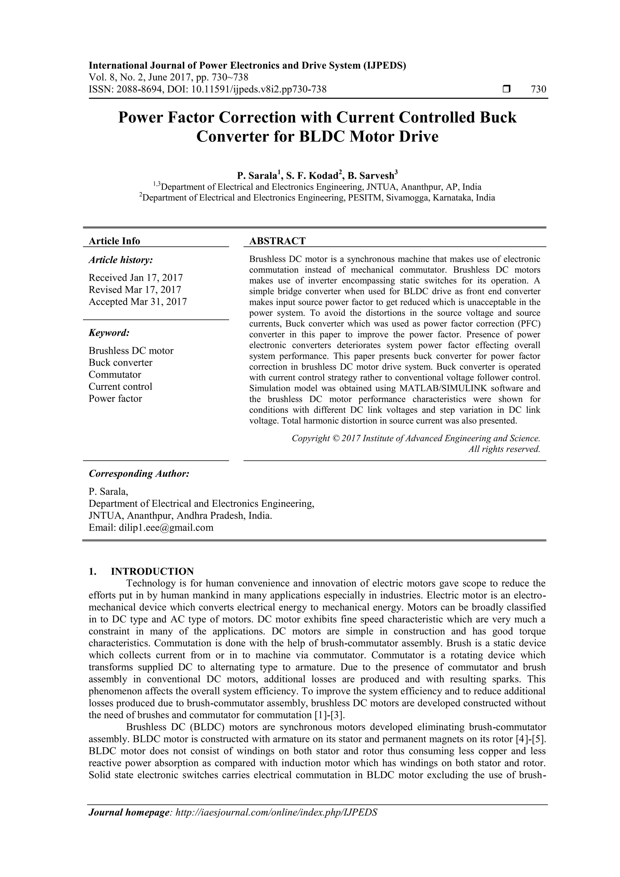 Power Factor Correction with Current Controlled Buck Converter for BLDC Motor Drive | PDF
