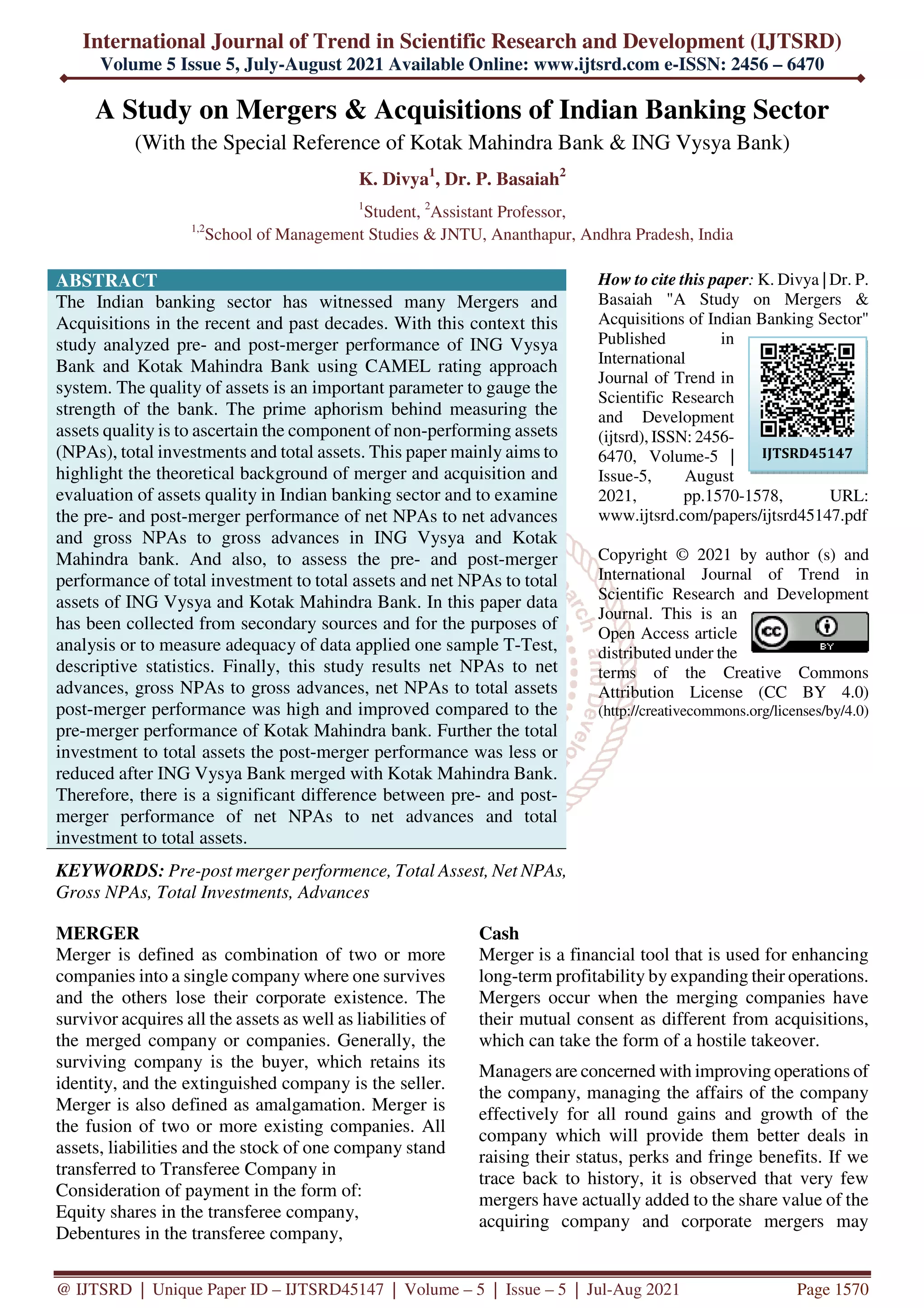 A Study on Mergers and Acquisitions of Indian Banking Sector | PDF