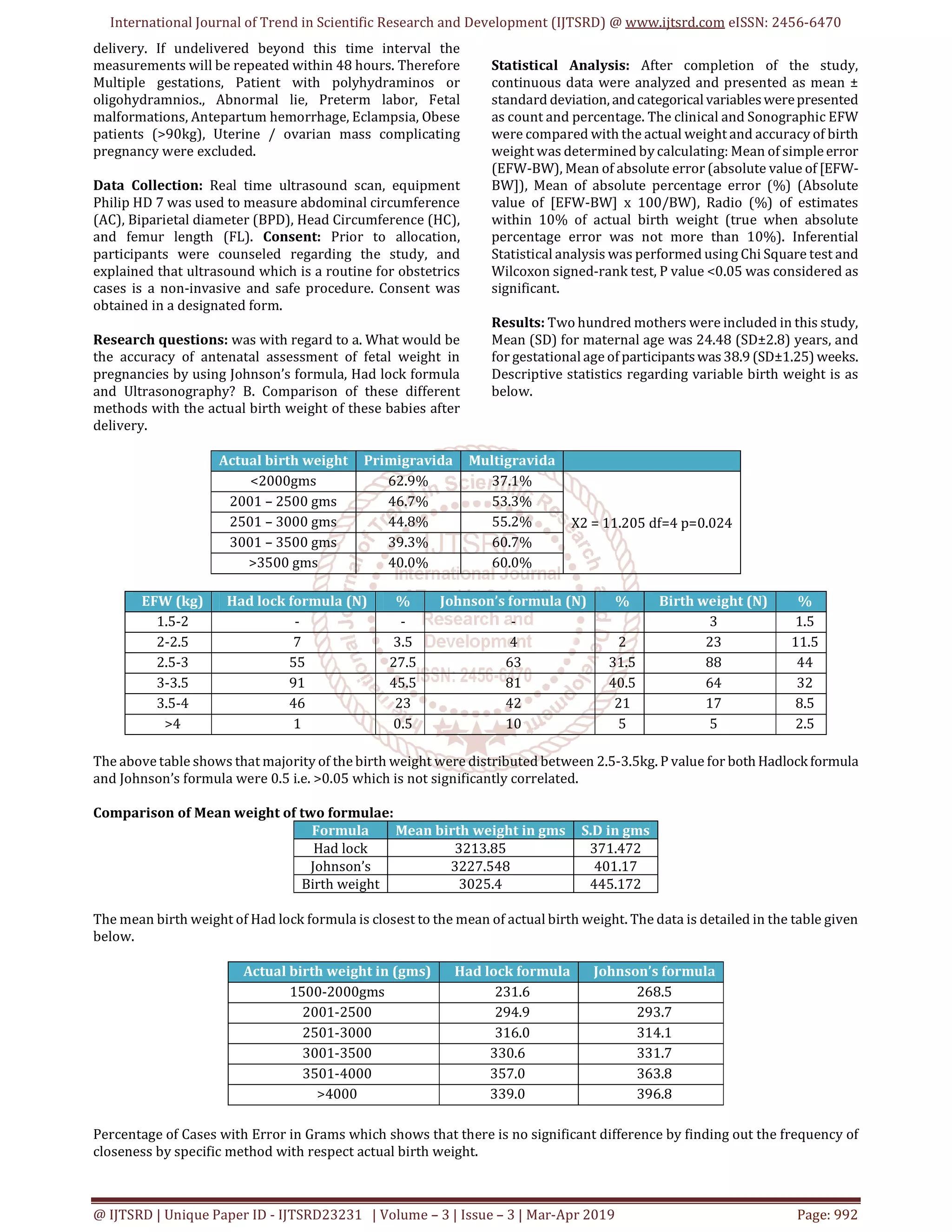Estimation of Fetal Size and Weight using Various Formulas | PDF