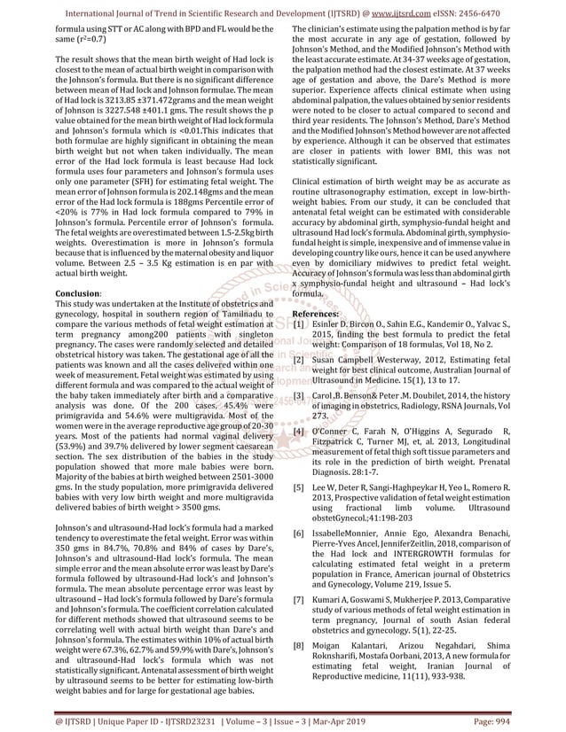 Estimation of Fetal Size and Weight using Various Formulas | PDF ...
