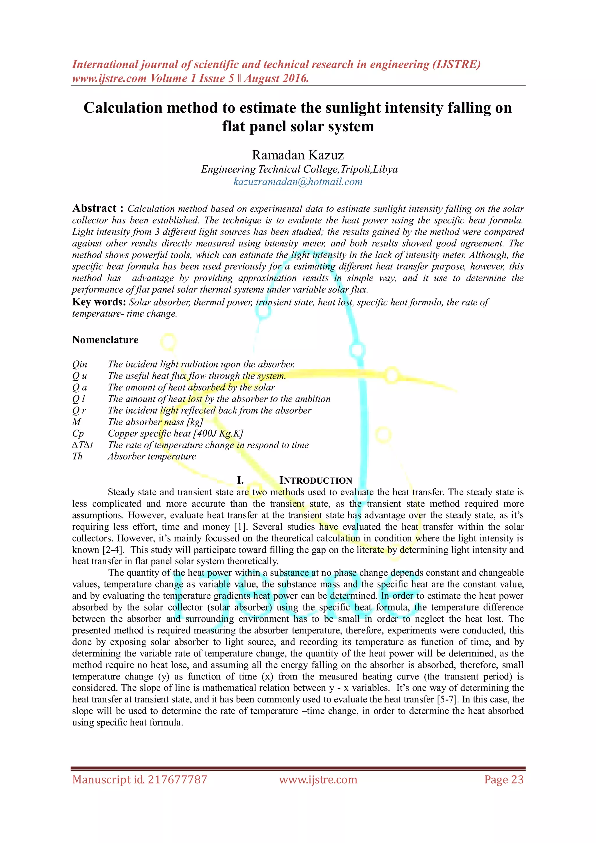 Calculation method to estimate the sunlight intensity falling on flat ...