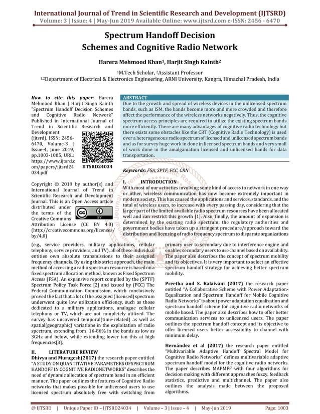 Spectrum Handoff Decision Schemes and Cognitive Radio Network | PDF