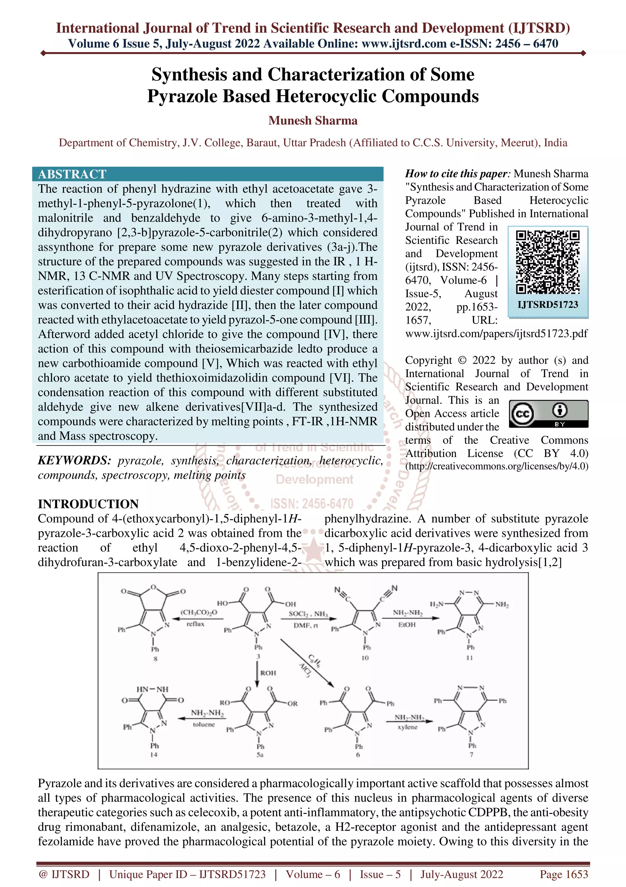 Synthesis and Characterization of Some Pyrazole Based Heterocyclic Compounds | PDF