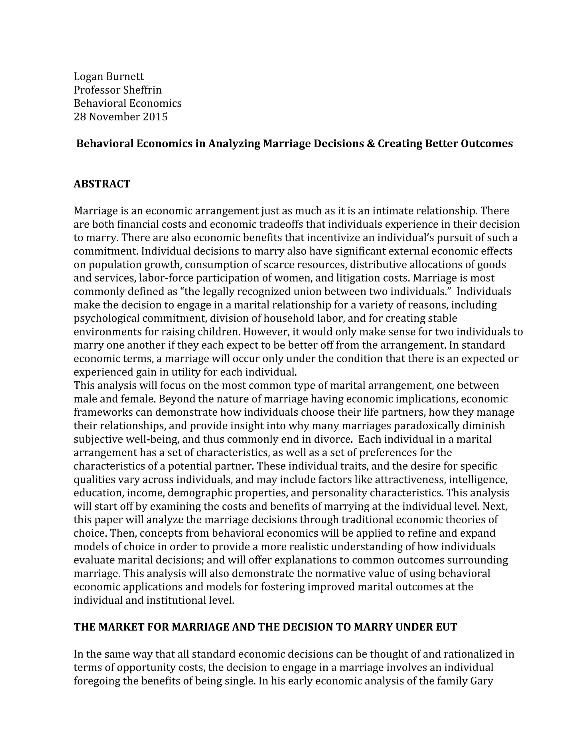 Behavioral Economics & Marriage Decisions | PDF