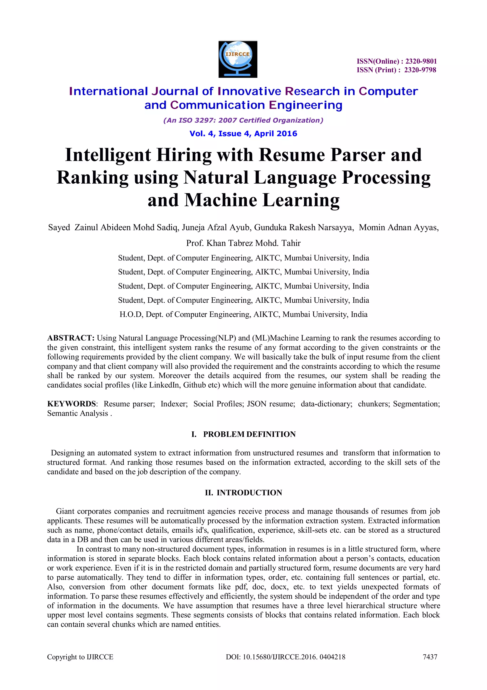 Intelligent Hiring with Resume Parser and Ranking using Natural Language Processing and Machine ...