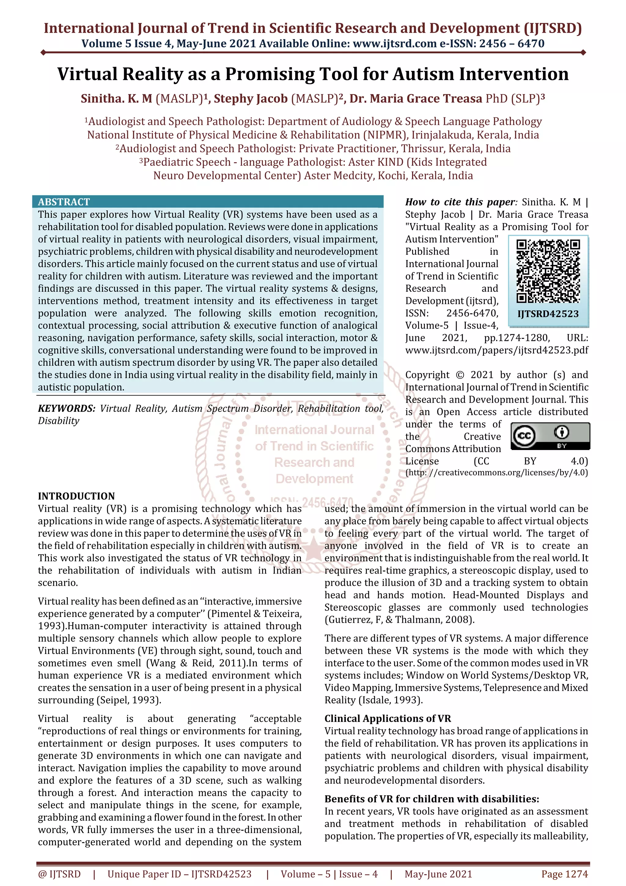 Virtual Reality as a Promising Tool for Autism Intervention | PDF